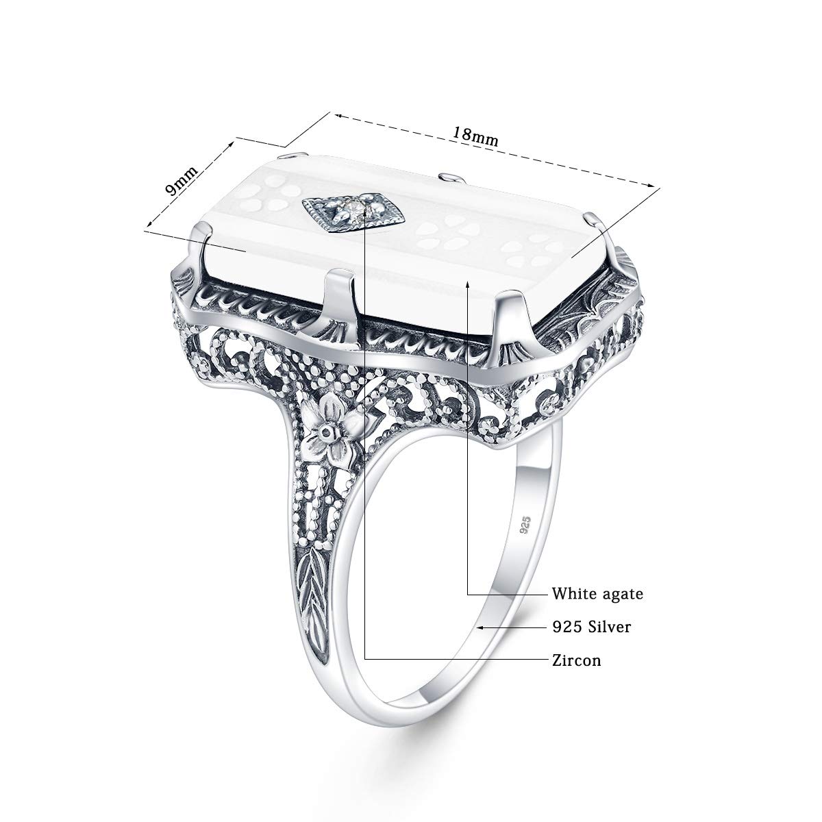 SZINAO White Glass Ring Engagement wedding ring Solid Sterling Silver/Frosted Carved Camphor Glass Edwardian Floral Filigree Ring,With A Box (SIZE 5#-10#) (White, 6)