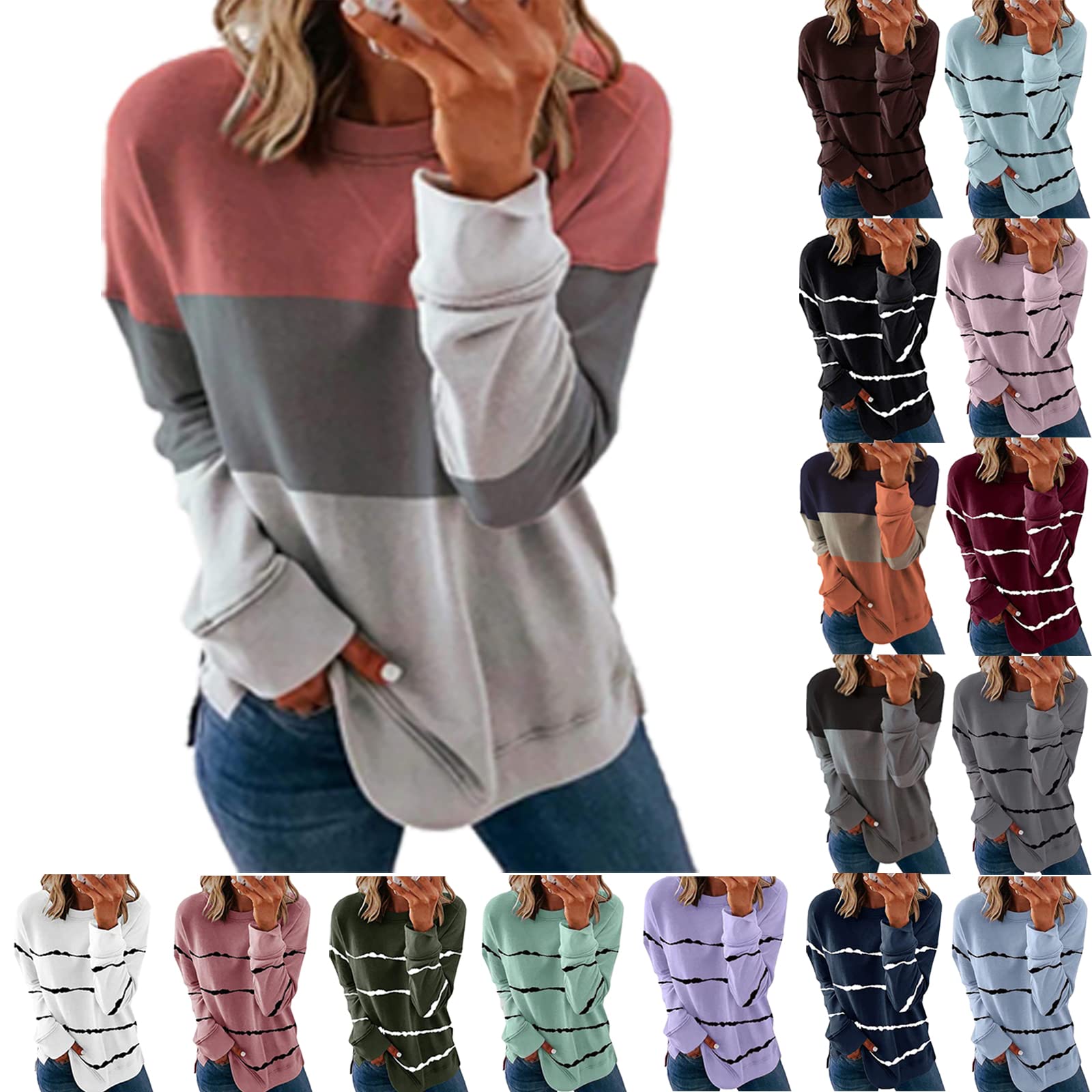 Womens Causal Loose Crewneck Sweatshirt Plus Size 2023 Spring Fashion Long Sleeve Striped Pullover Tops Trendy Shirt