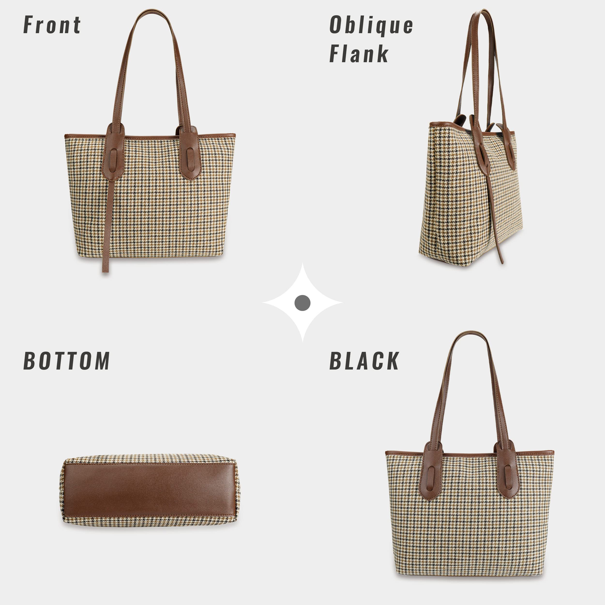 Whale Power Tote Bag for Women Houndstooth Shoulder Handbags Medium Size Purses with Zipper Brown