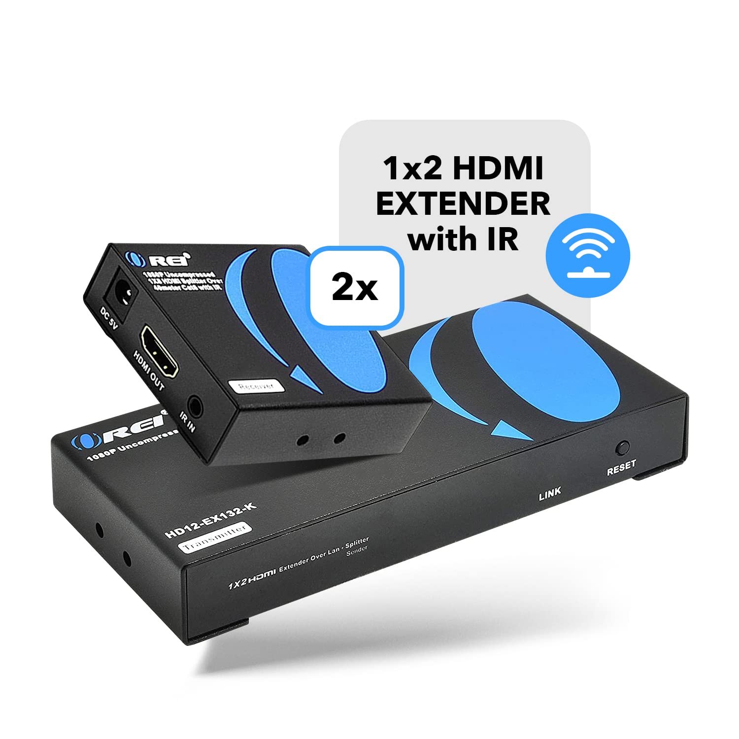 OREI 1X2 HDMI Extender Splitter Over Single CAT6/7 Cable Uncompressed 1080P with IR Remote EDID - Up to 132 Ft - Loop Out - Low Latency - 1 Input 2 Output 2 Channel Transmission
