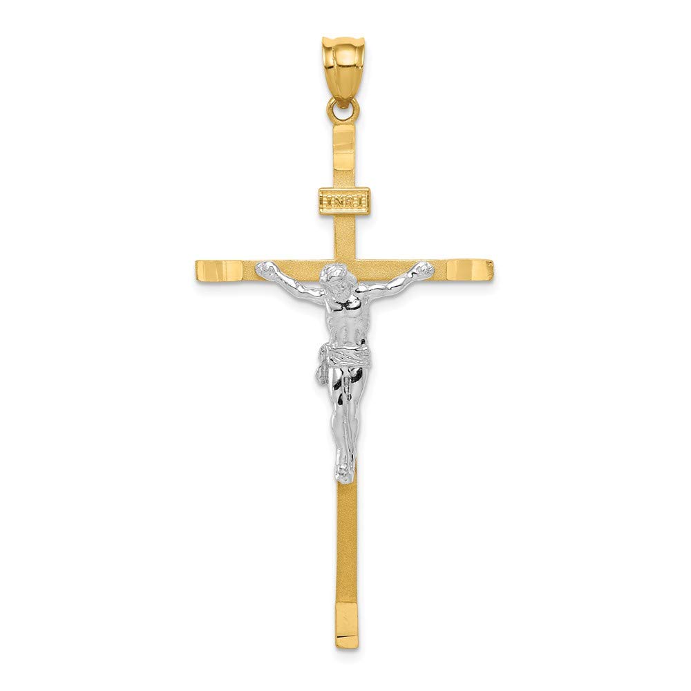 Solid 14k Yellow and White Gold Two Tone Cross Pendant Crucifix Charm - 55mm x 26mm