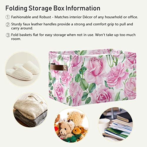 SUABO Floral Pink Roses Buds on White Toy Basket,Collapsible Storage Bin Basket with Handles¡ê?Laundry Baskets,Shelf Basket Nursery Storage for Bedroom Playroom,Set 2