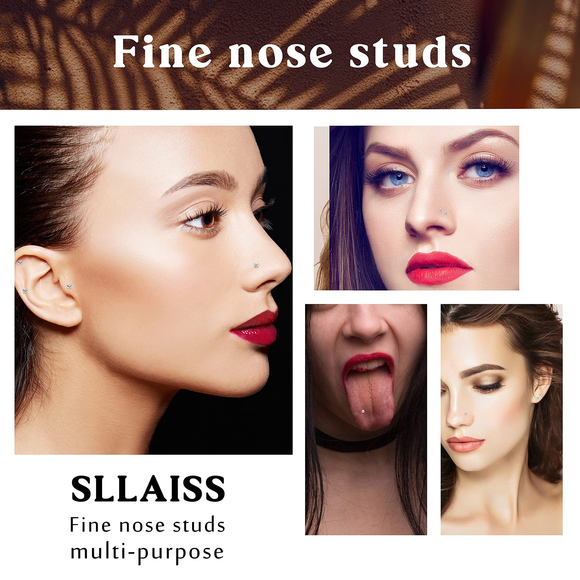 Sllaiss 20Pcs Sterling Silver Nose Studs for Women Men Inlaid 2mm Czech Crystals 925 Silver 20G Cartilage Piercing