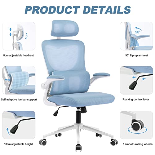 Office Chair Height-Adjustable Ergonomic Desk Chair with Self-Adaptive Lumbar Support Breathable Mesh Computer Chair High Back Swivel Task Chair with Adjustable Headrest and Flip-up Armrests