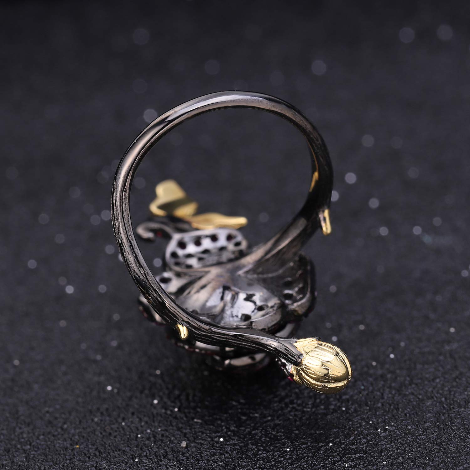 Qitian Rhodolite Garnet Sterling Silver Rings Rose Flower Adjustable Rings Genuine Black Birthstone Open Ring for Women Girls Handmade Adjustable Ring Rhodium Over Sterling Silver