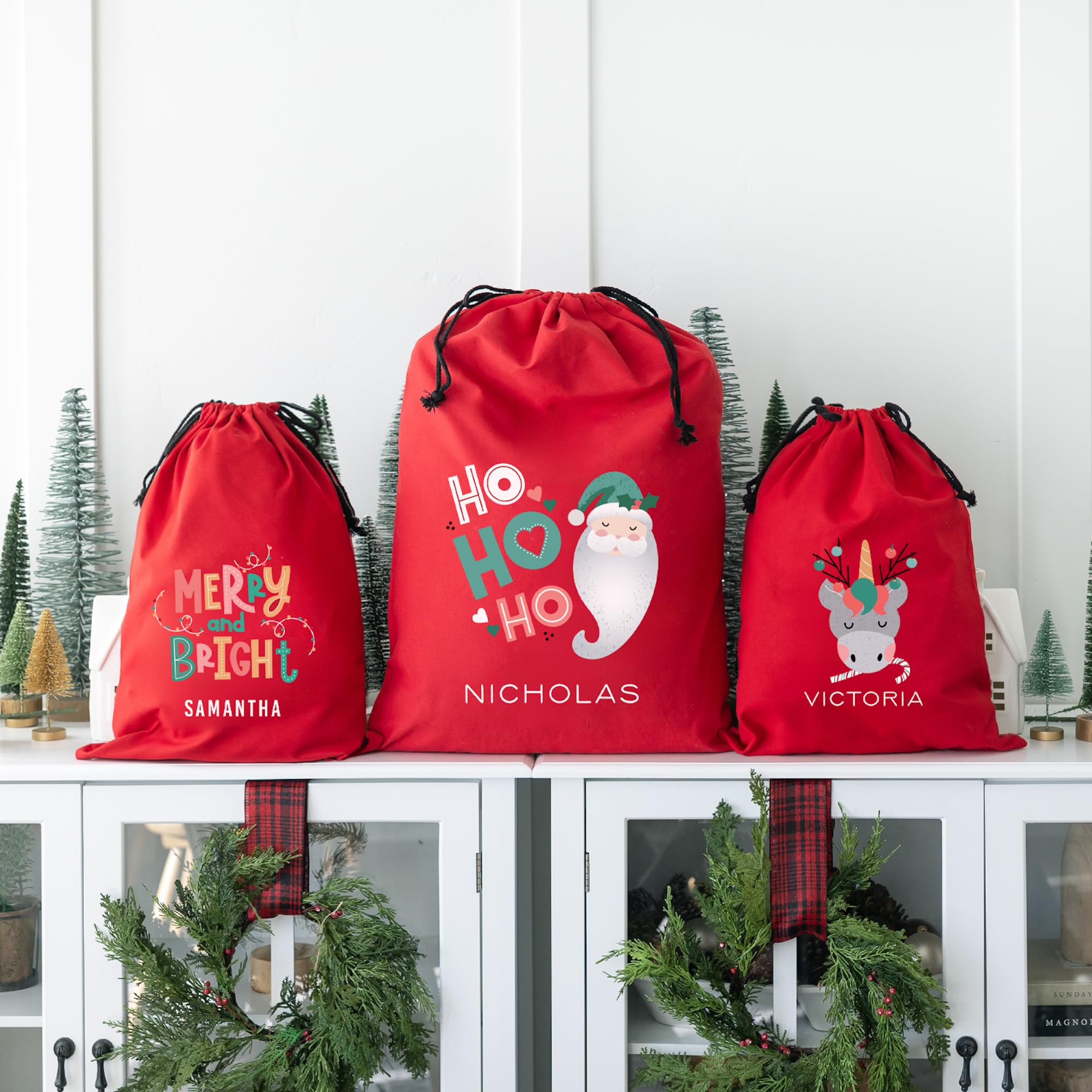 Qualtry Personalized Santa Sack Christmas Bag for Kids Presents (Snowman Design, Red 19.5” x 26”) - Large Cotton Sack with Drawstring - Giant Toy Bag with Name