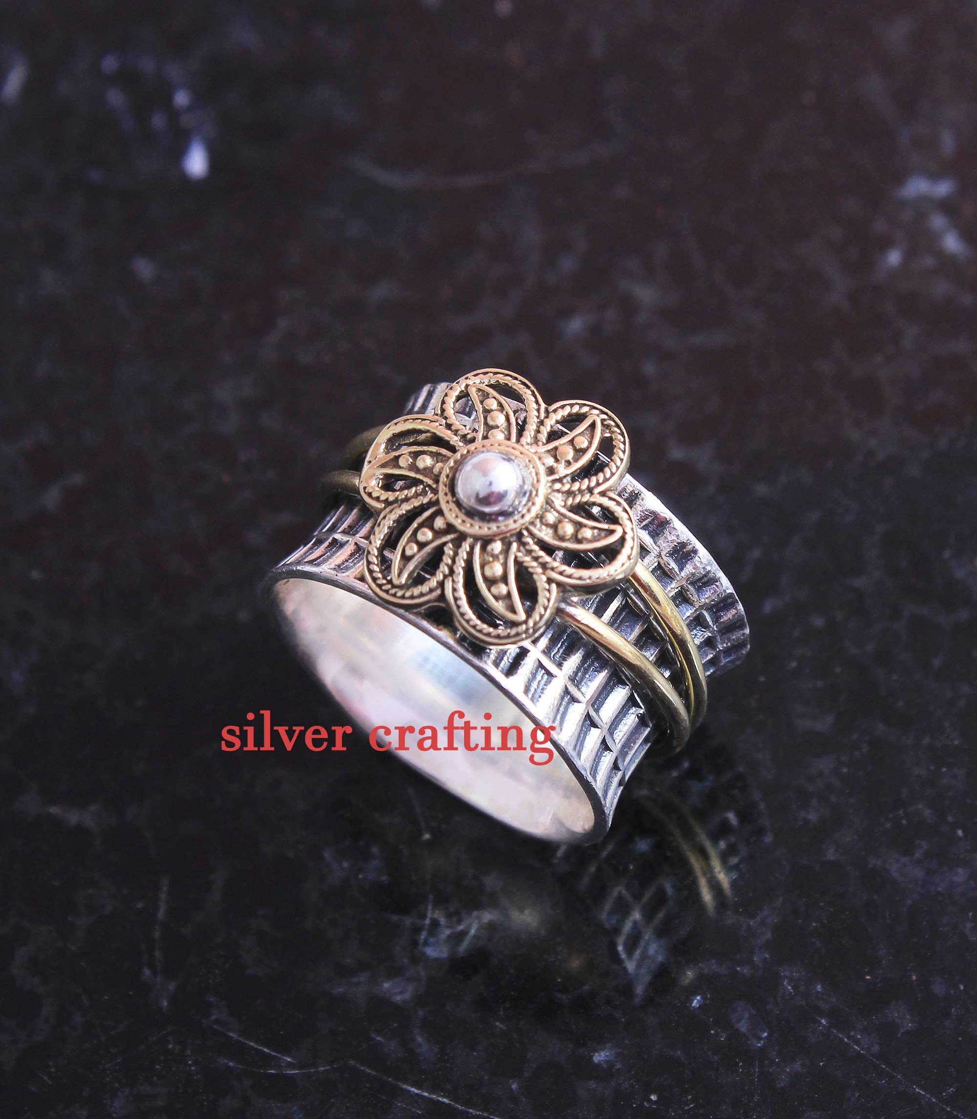 Silver Flower Spinner Ring, Floral Flower Ring, Silver Band, Fidget Ring, Stress Ring (6)