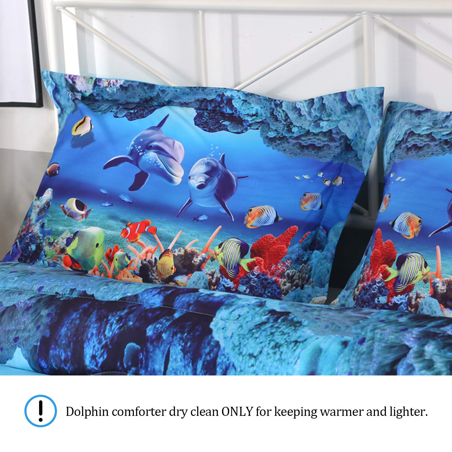 Qucover Dolphin Comforter Set Twin Size 3-Piece Blue Ocean Sea Animall Tropical Fish Comforter Set with 2 Pillowcases for Teen Boys, Twin 59x79 Inches