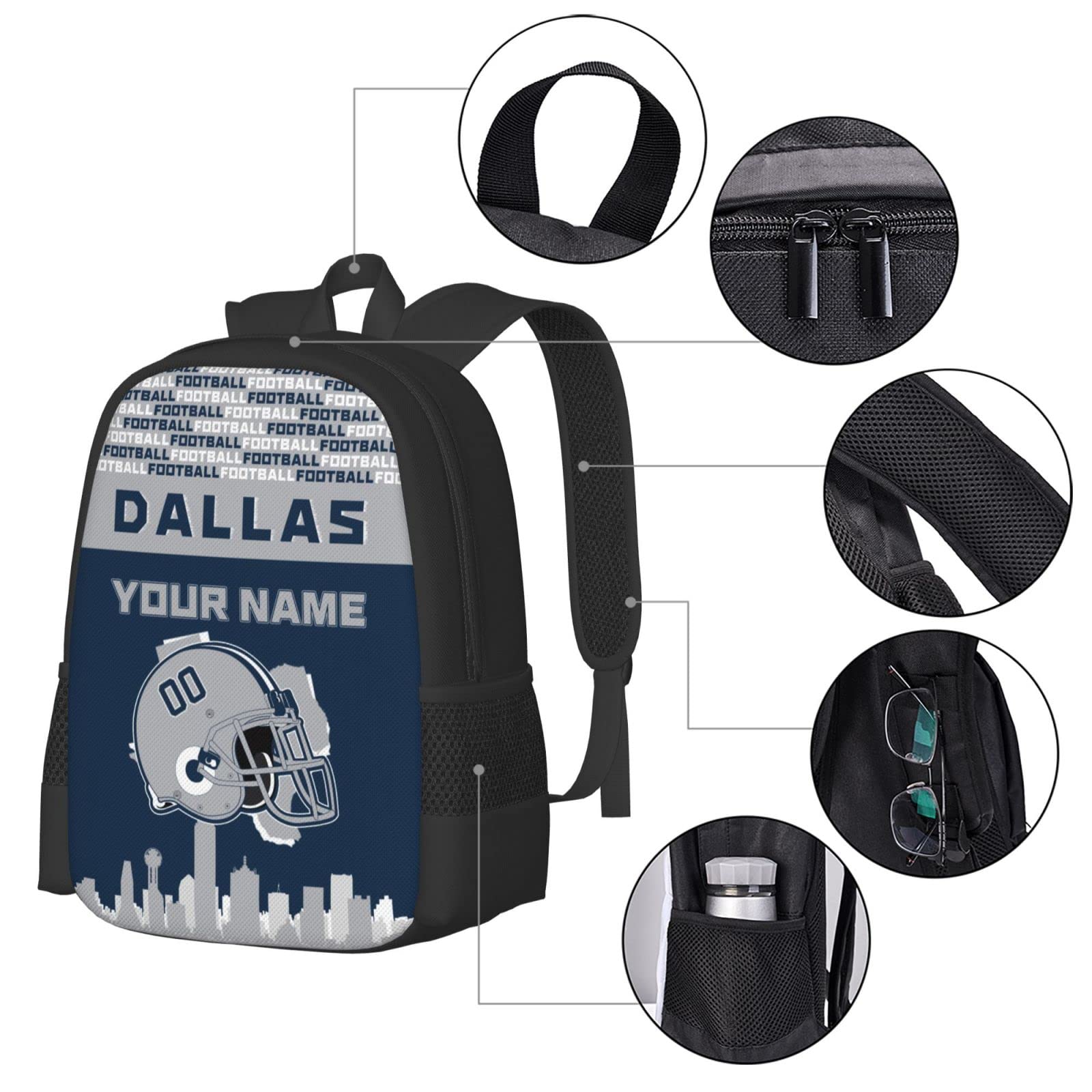 Quzeoxb Custom Dallas Backpack, Personalized Laptop Backpack Custom Name and Number Football Gift for Men Boys Girls