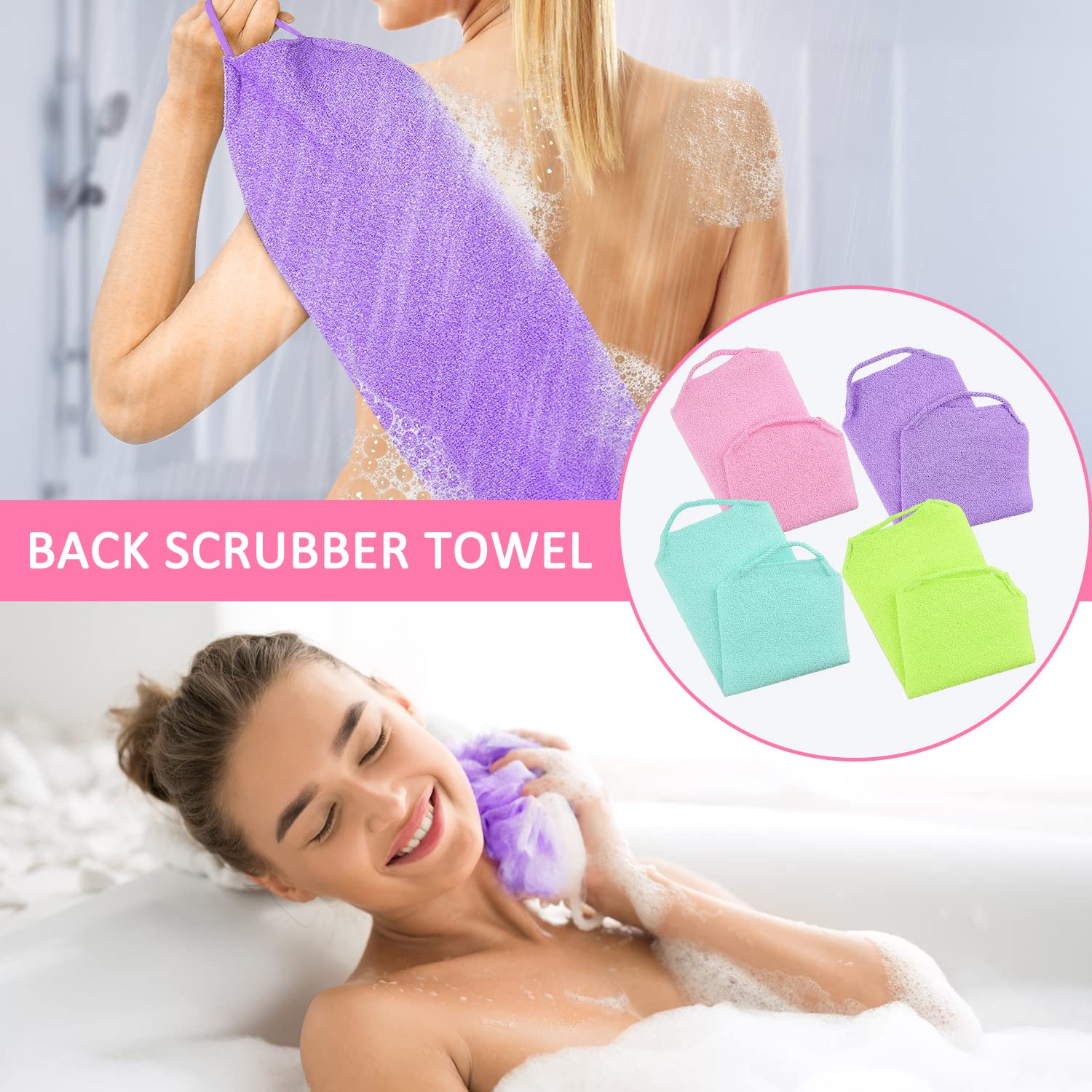 WXJ13 4 Packs Nylon Back Exfoliator, Exfoliating Back Scrubber with Handles, Exfoliating Towel Body Exfoliator Back Washer Scrubber Stretchable Pull Strap Exfoliating Washcloth for Body Shower