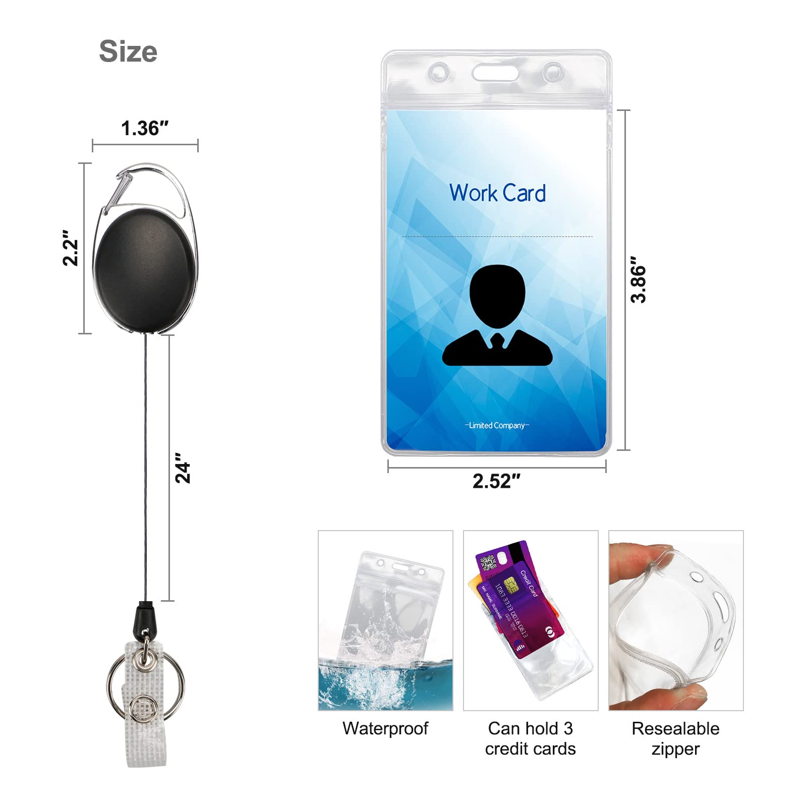 Orrope Retractable Badge Holders with Carabiner Reel Clips, 3 Pack, Clear Vertical ID Card Holders, Reinforced Grid Tape, Supports Teachers, Office Workers, and Medical Staff
