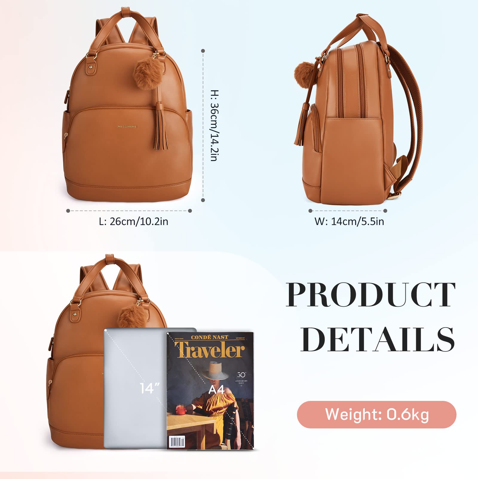 Missnine Women Backpack Purse Double Compartments Leather Backpack Fashion Ladies Daypack Bag for Travel College Work with Tassel