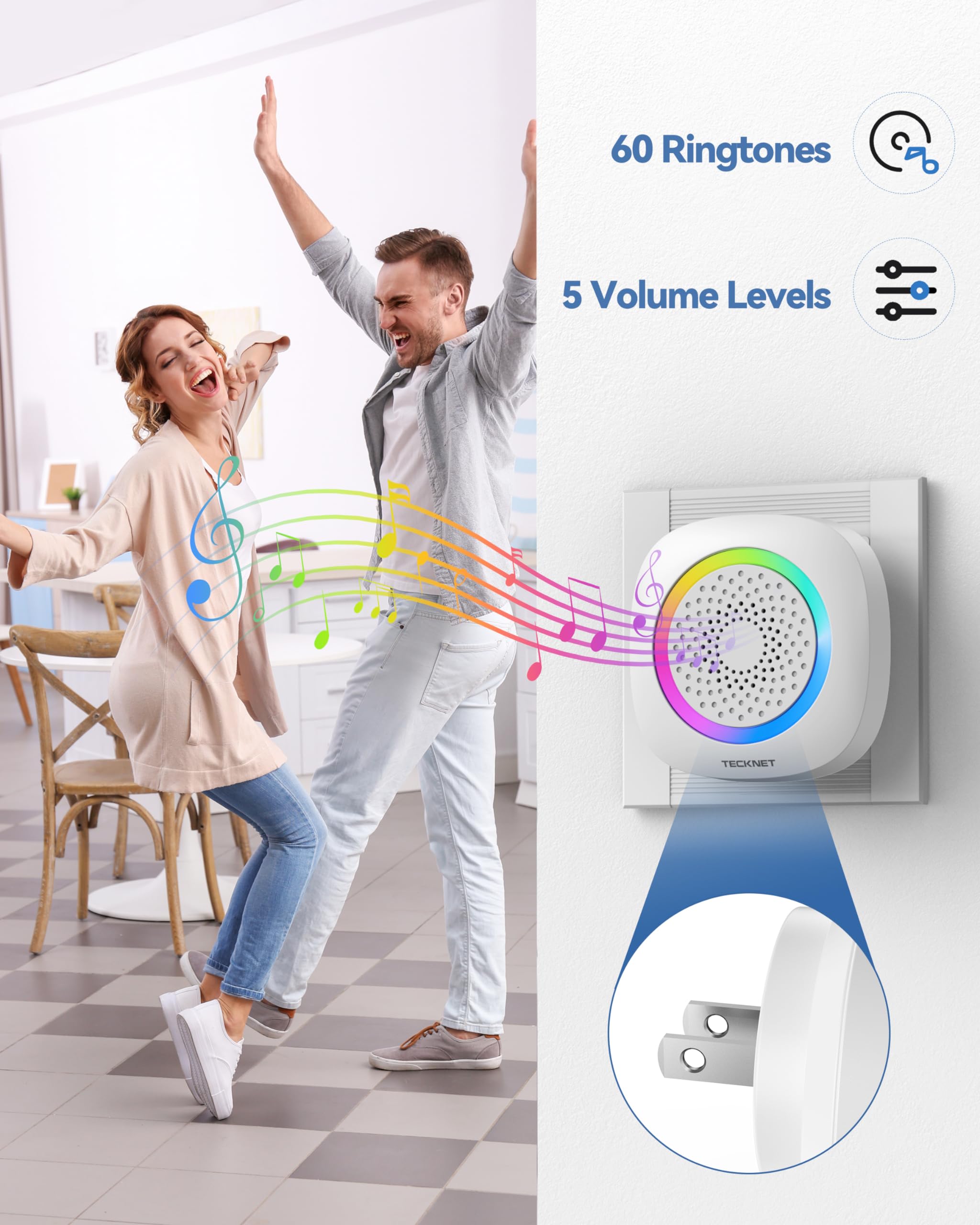 TECKNET Wireless Doorbell, Plug and Play, IP66 Waterproof Doorbell with RGB Light, 1300ft Door bell Kit, 60 Chimes & 5 Level Volume, 4.5 Years Using Time Cordless Doorbell for Classroom, Home