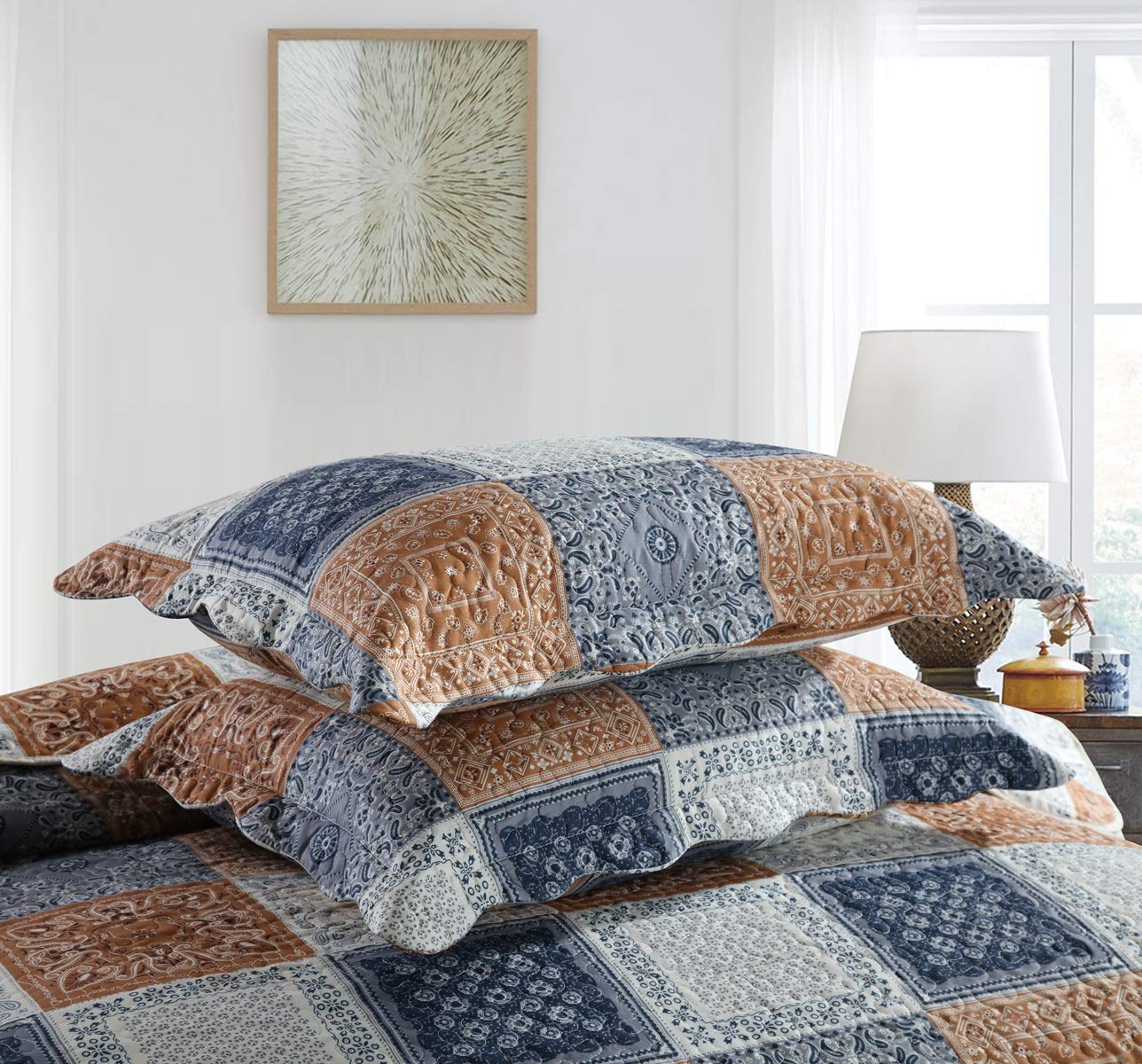 Qucover Quilts Queen Size 3-Piece Microfiber Polyester Reversible Brown Grey and Blue Patchwork Quilt with Shams, Lightweight Bedspreads Coverlet for Queen Beds, 90x98 Inch