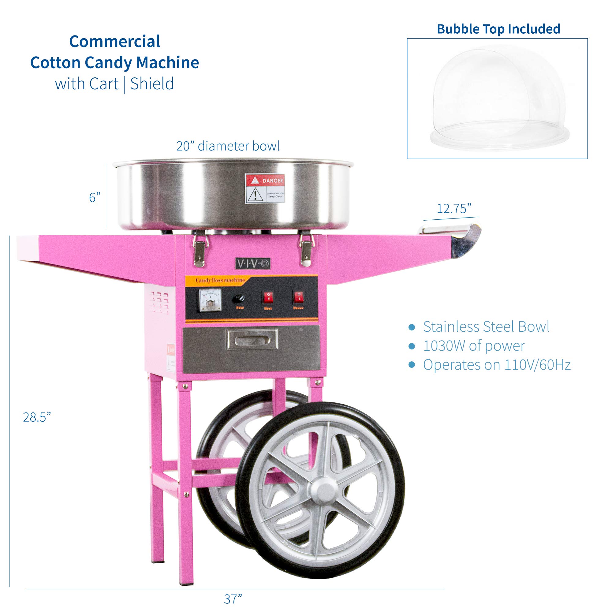 VIVO Pink Electric Commercial Cotton Candy Machine/Candy Floss Maker, Mobile Cart with Bubble Shield CANDY-KIT-2