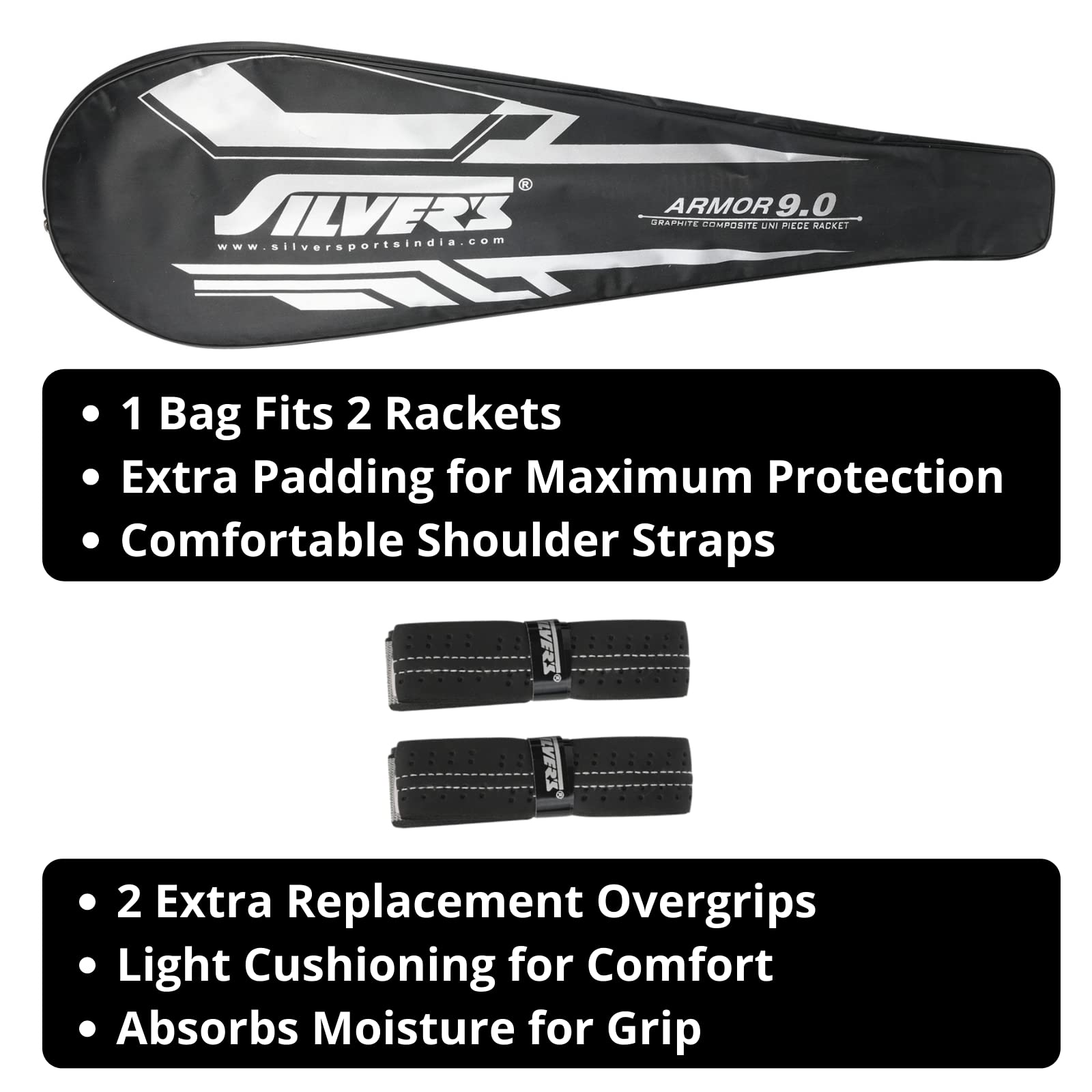 Silver's Silver’s 2 Player Uni-Piece Semi-Graphite Badminton Racket Set | Includes Rackets, 1 Padded Bag, 6 Nylon Shuttlecocks and Extra Overgrip Tapes Grey/Orange Camo, Grey/Yellow Camo