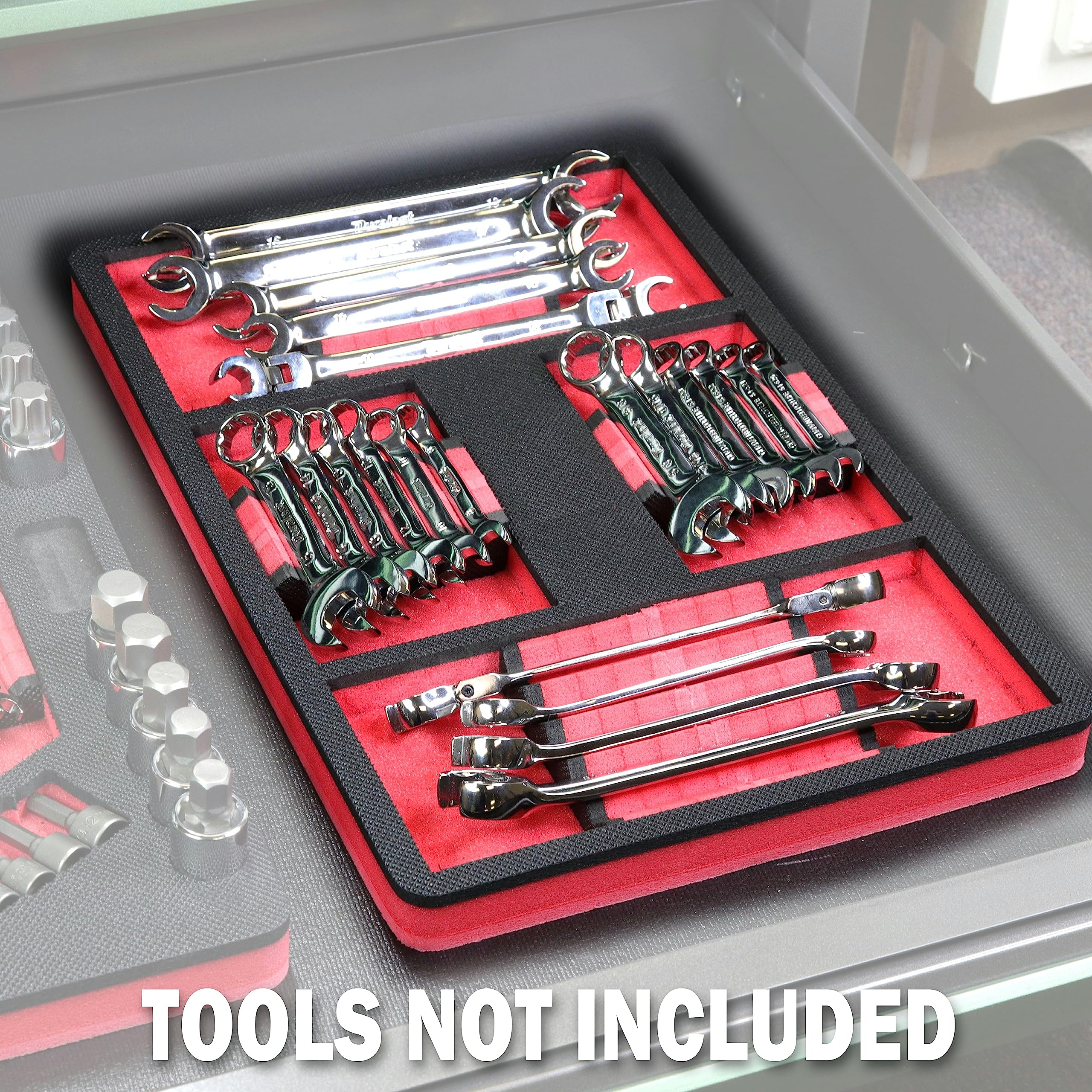 Polar Whale Tool Drawer Organizer Medium Wrench Holder Insert Red and Black Durable Foam Strong Tray 15 x 10 Inches Fits Duralast and Many Others