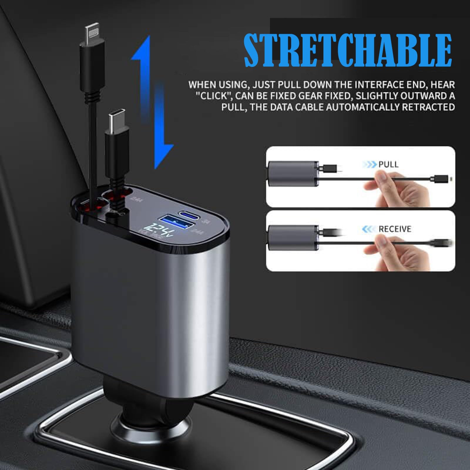 Retractable Car Charger,Retractable Car Dual USB Charger,Retractable Car Charger Fast,Dual USB Car Charger,Universal Fast Car Charger Adapter for All USB - C Phones,USB C Car Charger (1PC)
