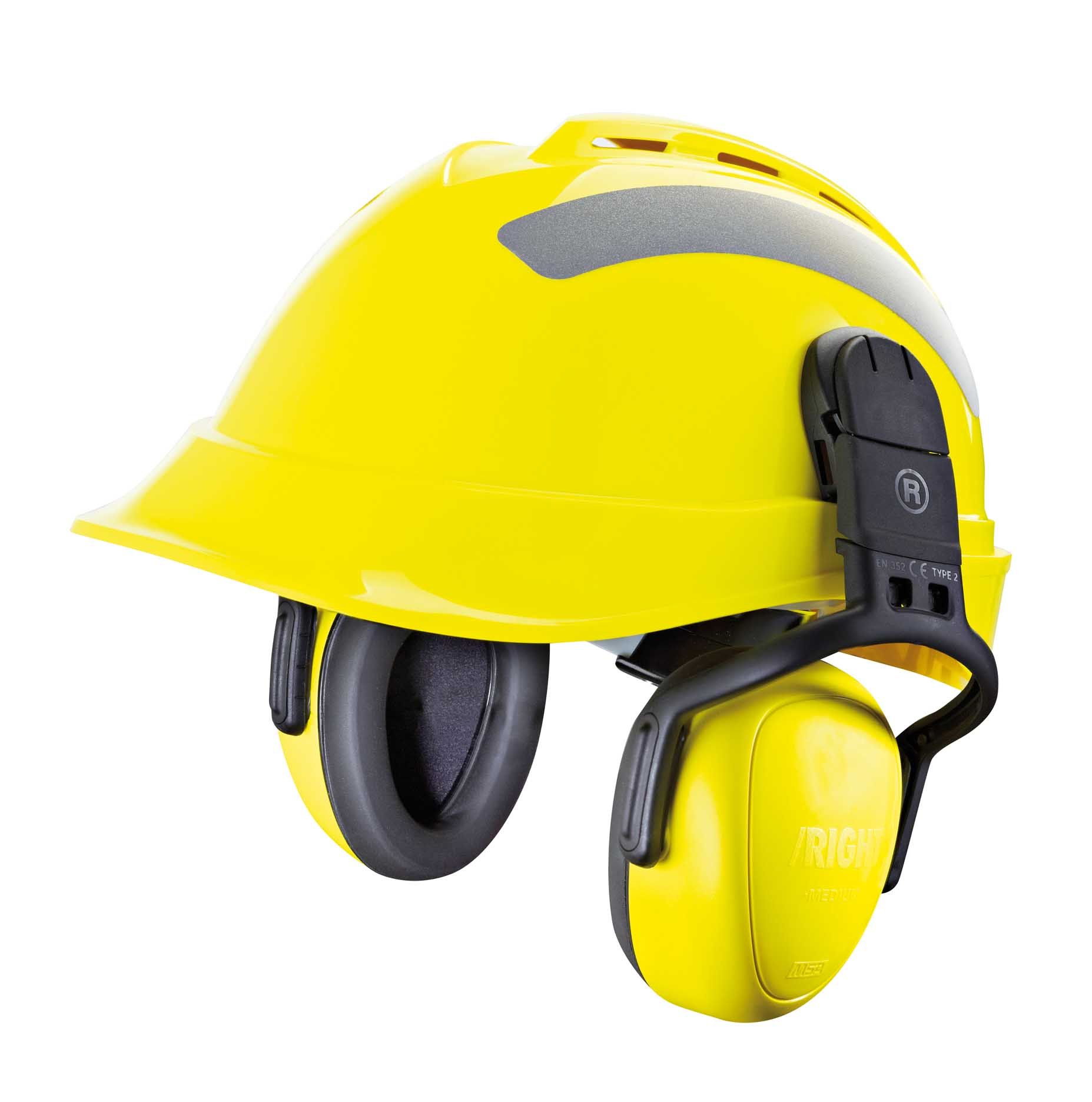 MSA 10087422 Left/Right Passive Cap-Mounted Earmuff, High, 28 dBA NRR, Yellow
