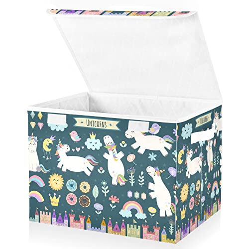 RunningBear Unicorn and Fairytale Large Storage Bins with Lid Collapsible Storage Bin Box Shelves Cube Storage Foldable Fabric Storage Boxes for Clothes Towels Magazine