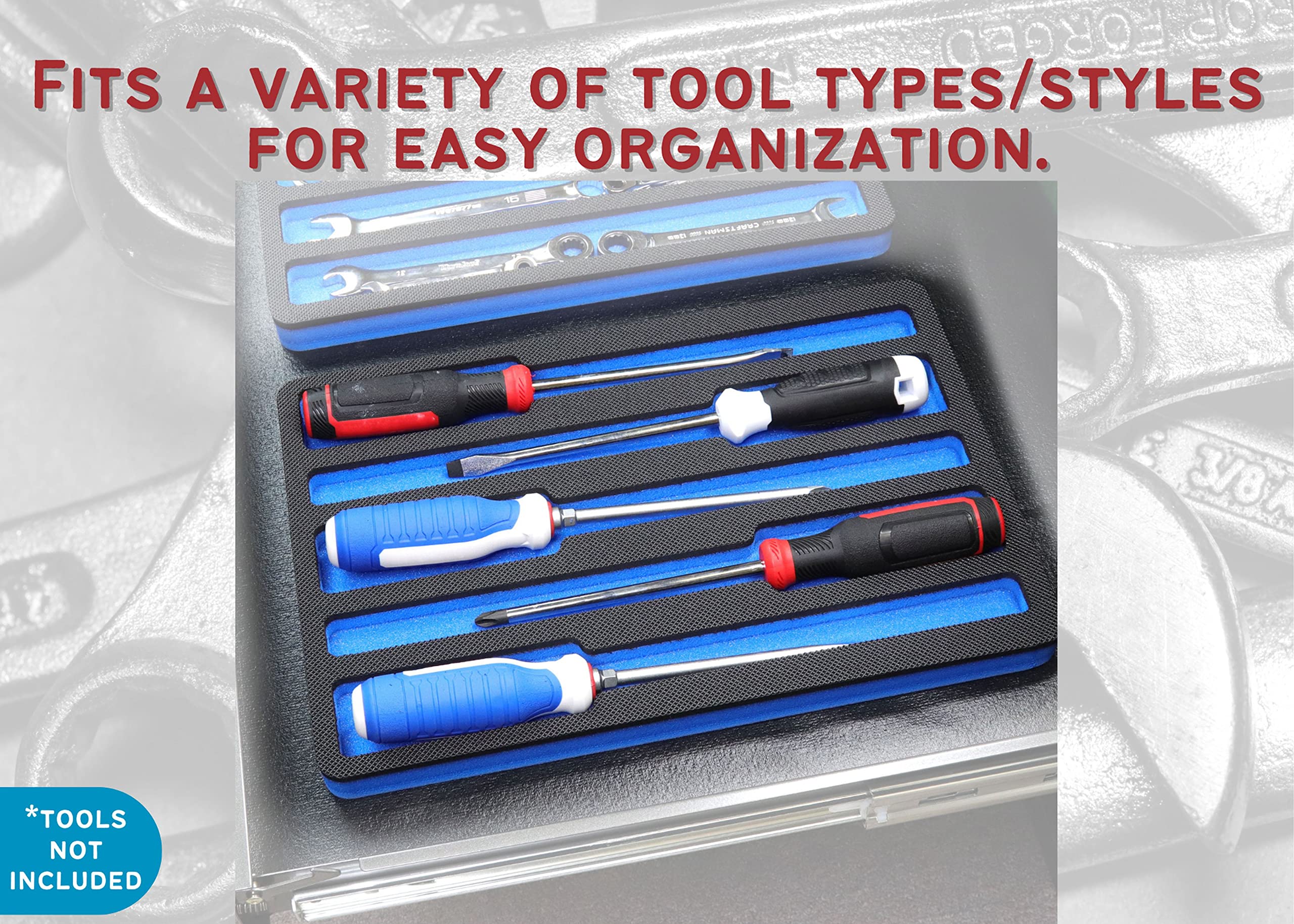 Polar Whale Tool Drawer Organizer 3-Piece Screwdriver Insert Set Blue and Black Durable Foam Holds Many Tools 15 x 10 Inch Trays Fits Craftsman Husky Kobalt Milwaukee Many Others