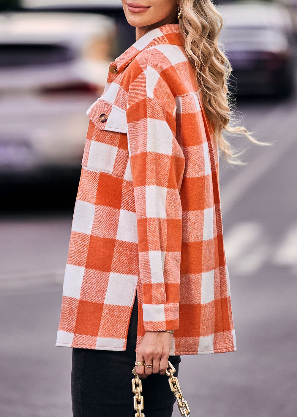 PRETTYGARDEN Women's 2024 Fall Clothes Plaid Shacket Jacket Long Sleeve Button Down Flannel Shirts Fashion Blouse (Plaid Orange White,Large)