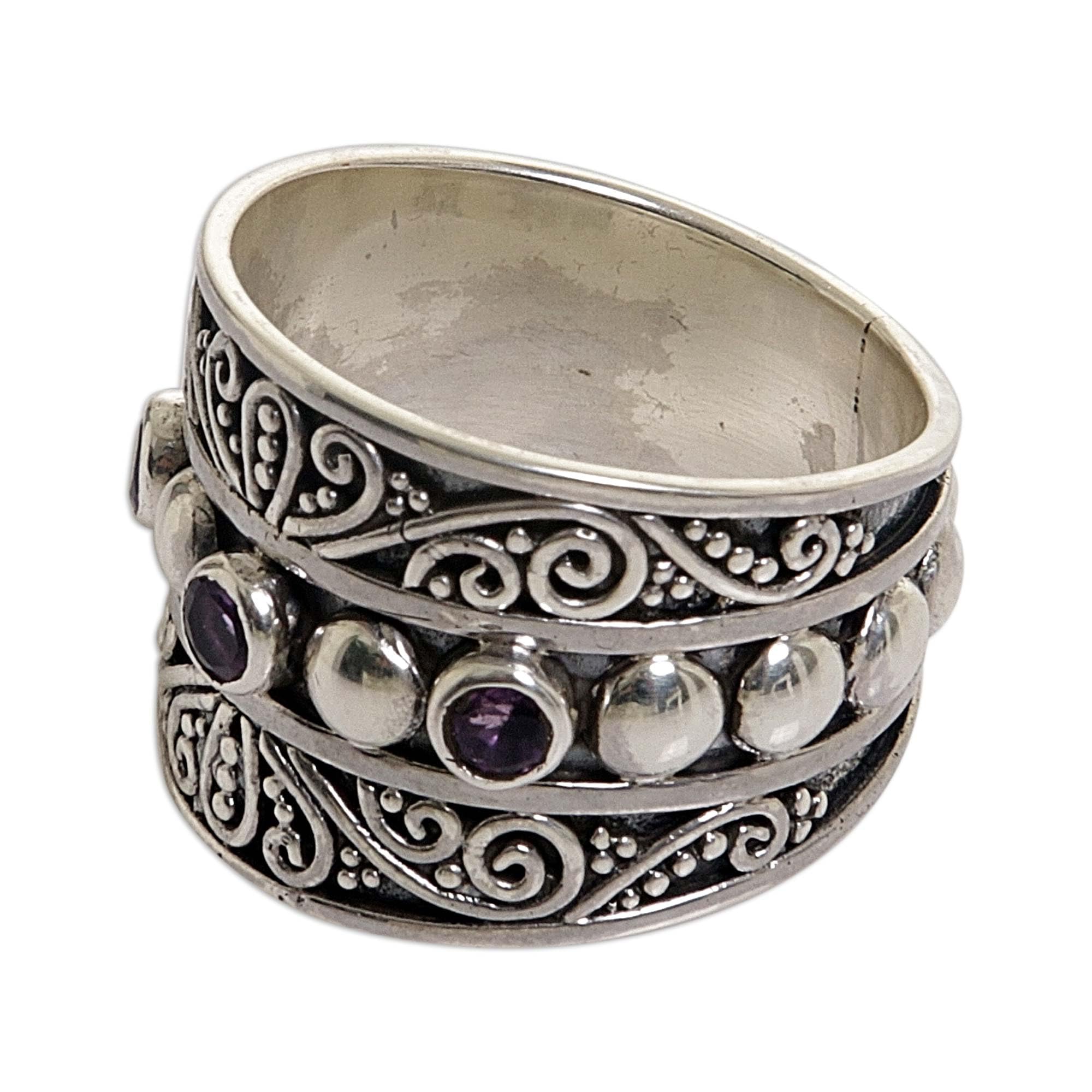 NOVICA Artisan Handmade Amethyst Band Ring .925 Sterling Silver Indonesia Birthstone Gemstone 'Lucky Trio'