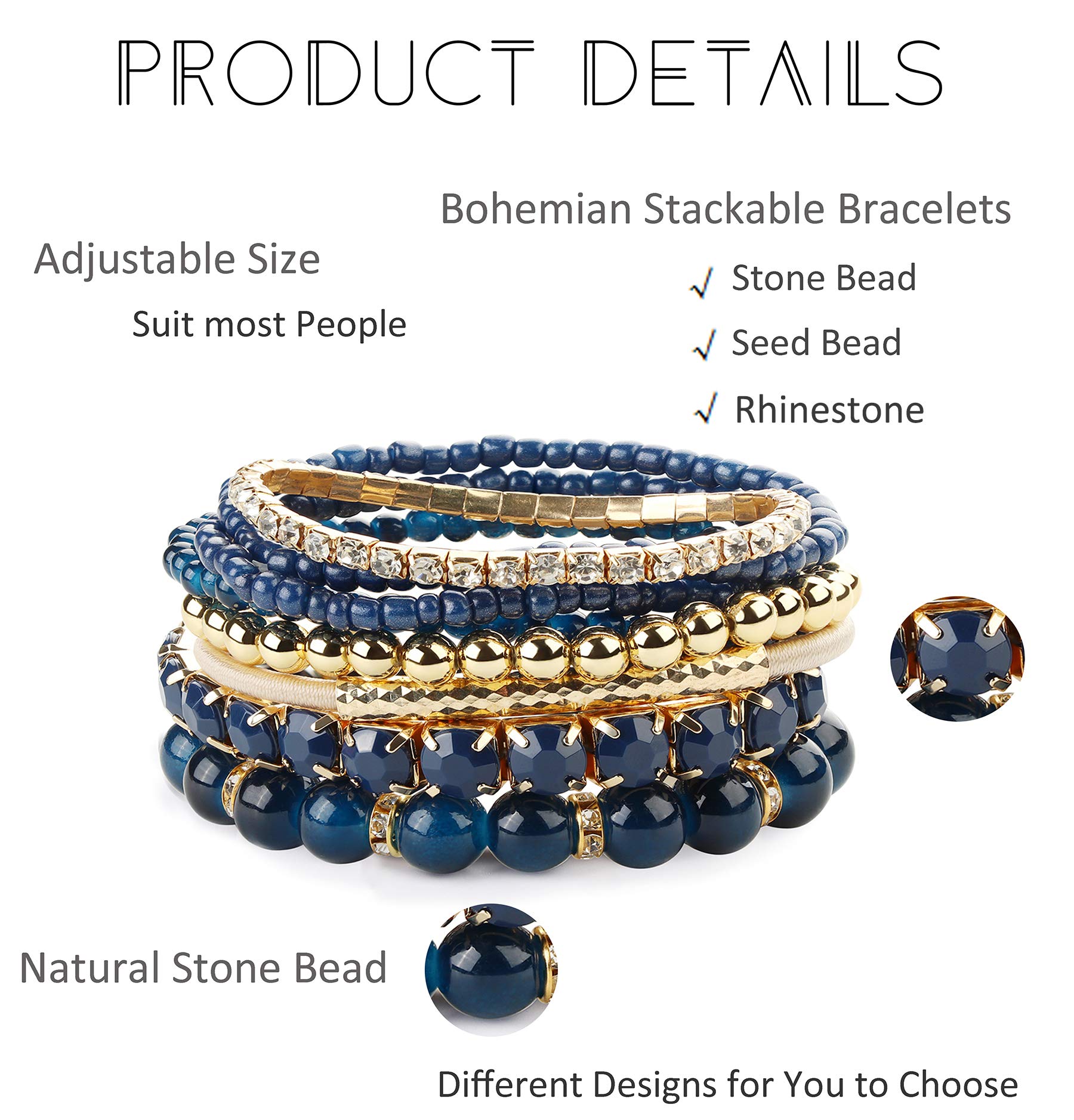 Subiceto 6 Set Bohemian Stackable Bead Bracelets for Women Multilayered Stretch Bangles Charm Pendant Bracelet Set