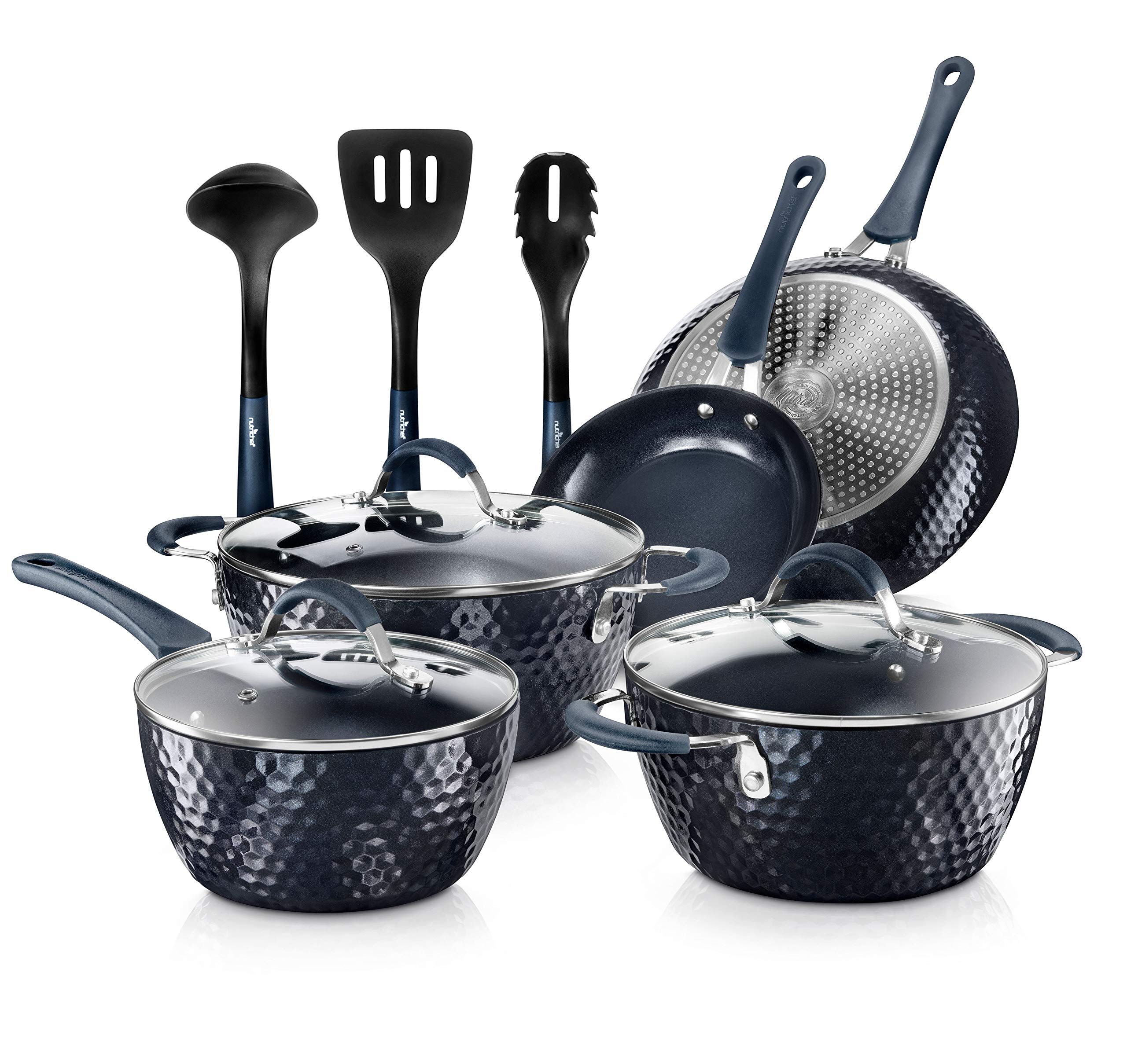 Nutrichef 11 Piece Nonstick Ceramic Cookware Set with Farberware 22-Piece Knife and Kitchen Tool Set