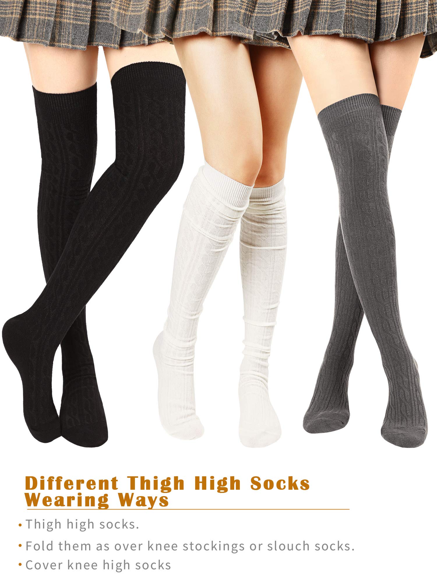 SATINIOR 3 Pairs Thigh High Socks Over Knee Socks Cotton Thigh High Knit Boot Stockings(Black, Dark Gray and White)