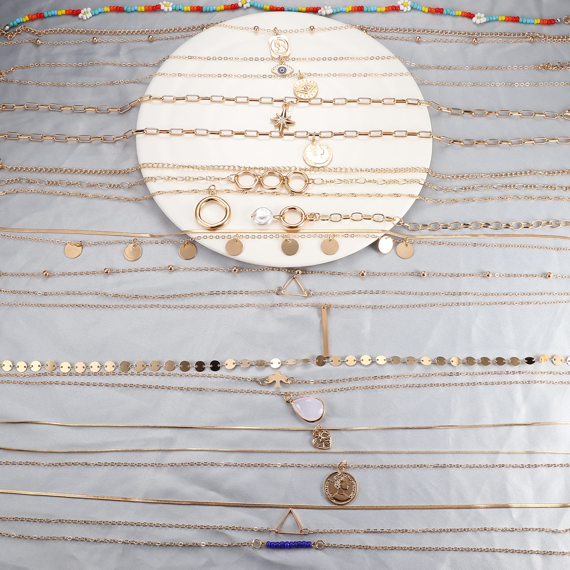 Subiceto 9pcs Layered Necklaces for Women Coin Bar Beads Circle Crescent Moon Star Pendant Necklace Multilayer Necklaces Set Gold