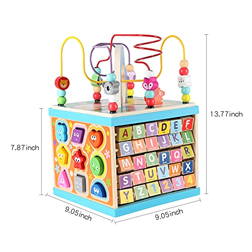 Qilay Wooden Activity Cube for Toddlers 1-3 (Large), 5 in 1 Multipurpose ABC-123 Abacus Bead Maze Shape Sorter | Early Educational Toy for Toddlers - First Birthday Present for Boys Girls