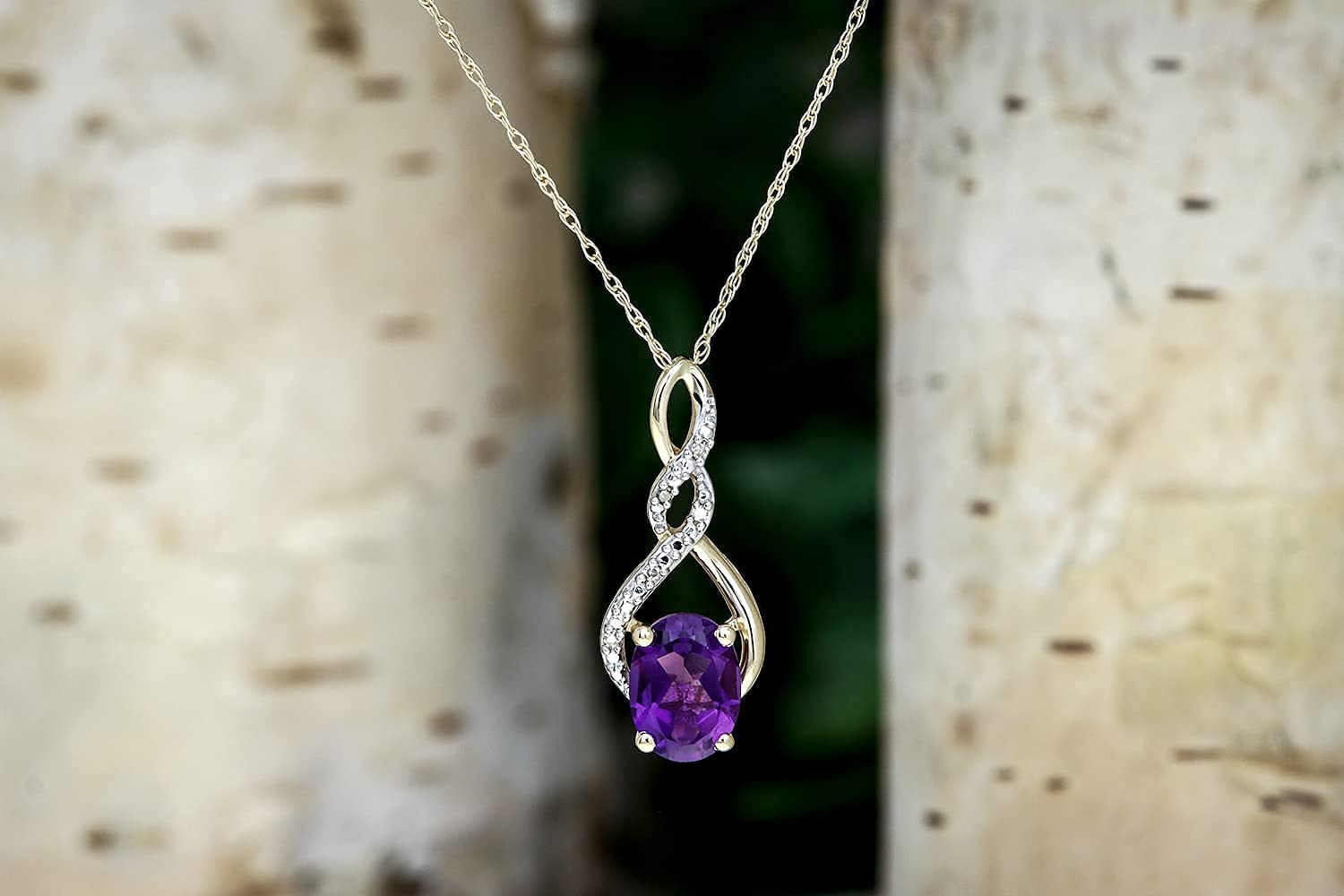 Oval Twist Amethyst Pendant Necklace Diamond Accent in Solid 10kt Yellow Gold - 18 Inch Rope Chain