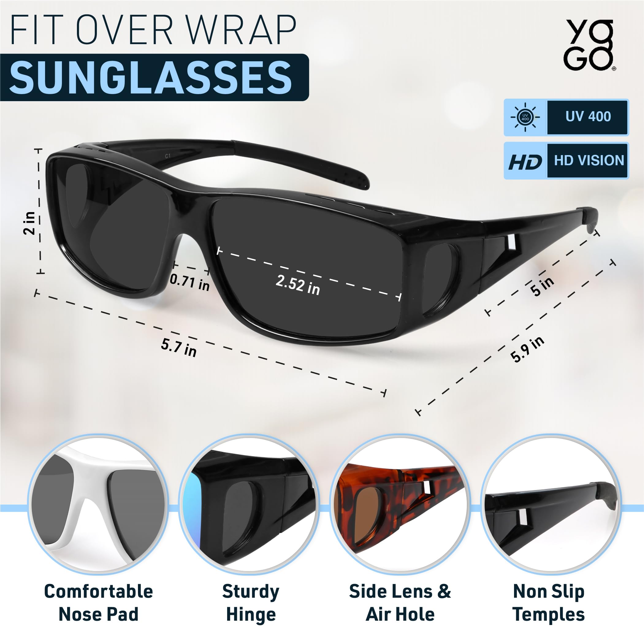 Yogo Vision Fit Over Wrap Sunglasses Polarized Lens Wear Over Eyeglasses 100% UV Protection for Men and Women