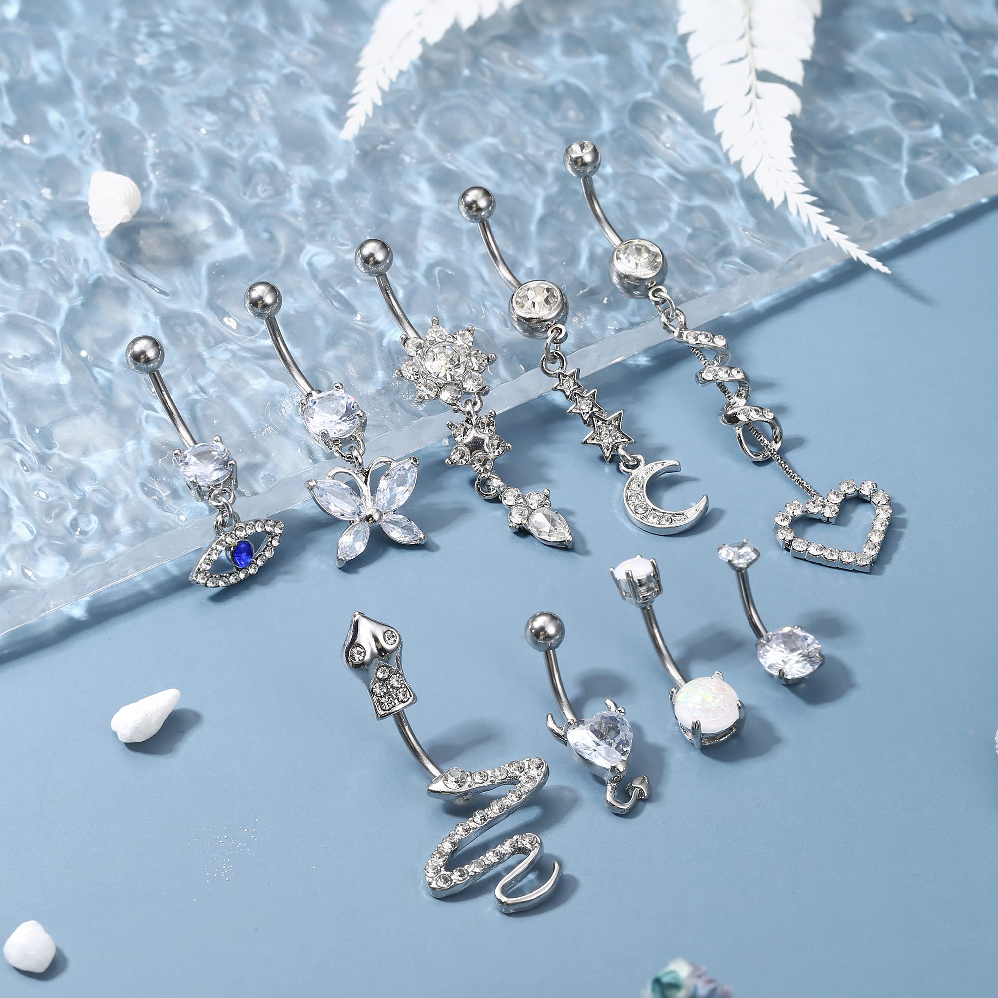 THUNARAZ 14G Belly Button Rings Dangle Surgical Steel Snake Evil Eye Heart Belly Button Ring for Women Clear CZ Navel Ring Sexy Belly Piercing Pack 9 Pcs