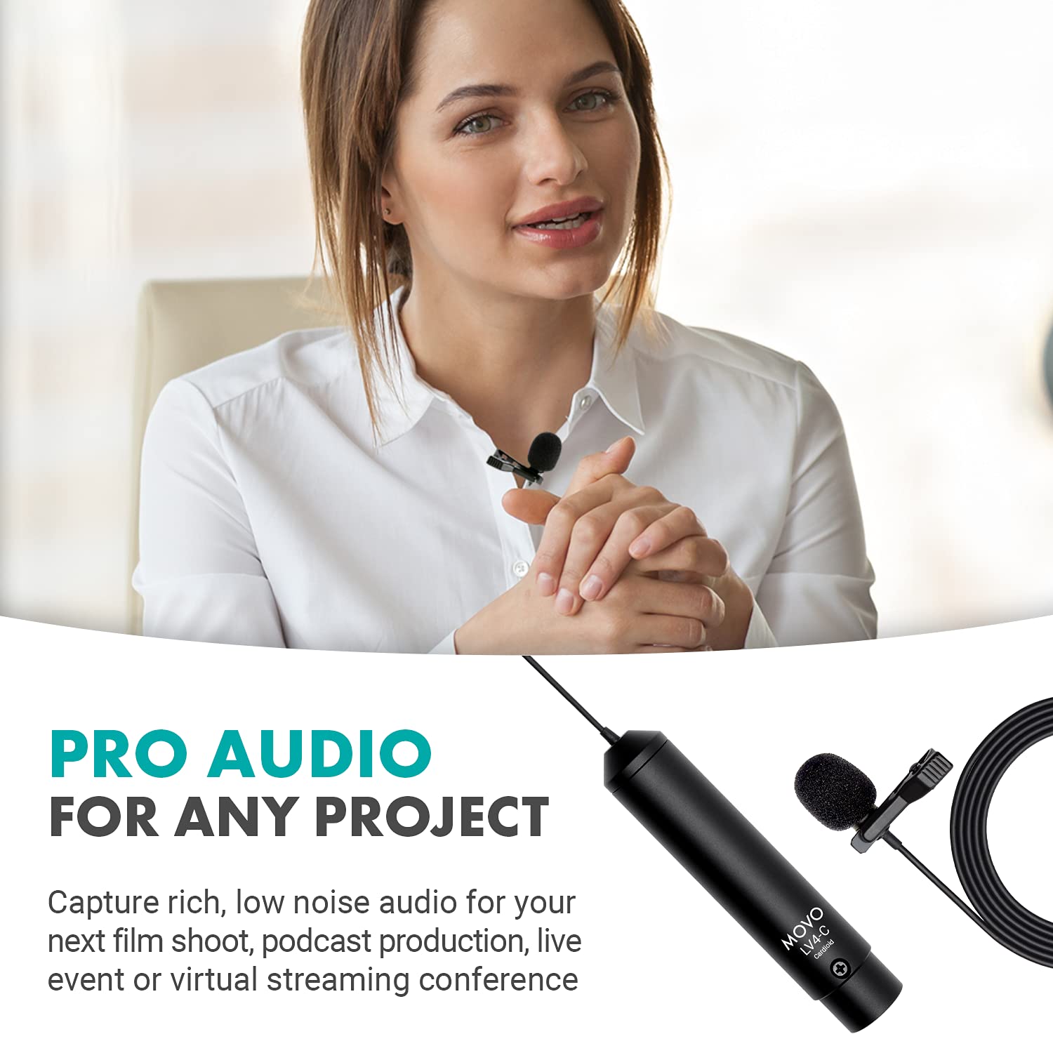 Movo LV4-C Cardioid XLR Lavalier Microphone Phantom Power with Metal Lapel Clip and Windscreen Accessories - Great External Lav Mic for Music, Podcast, Live Stream, Filming or YouTube Recording