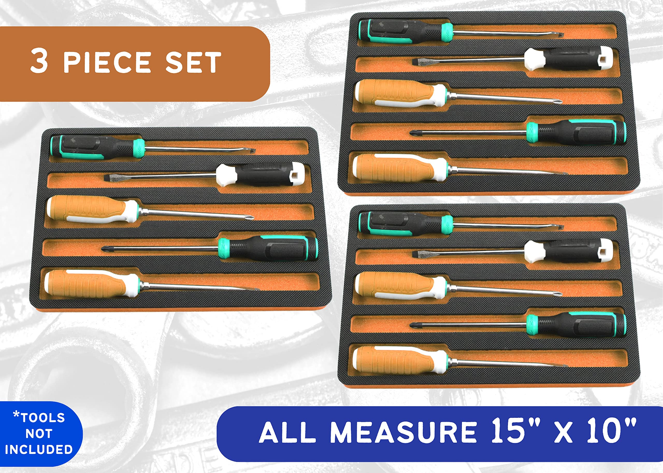 Polar Whale Tool Drawer Organizer 3-Piece Screwdriver Insert Set Orange and Black Durable Foam Holds Many Tools 15 x 10 Inch Trays Fits Craftsman Husky Kobalt Milwaukee Many Others
