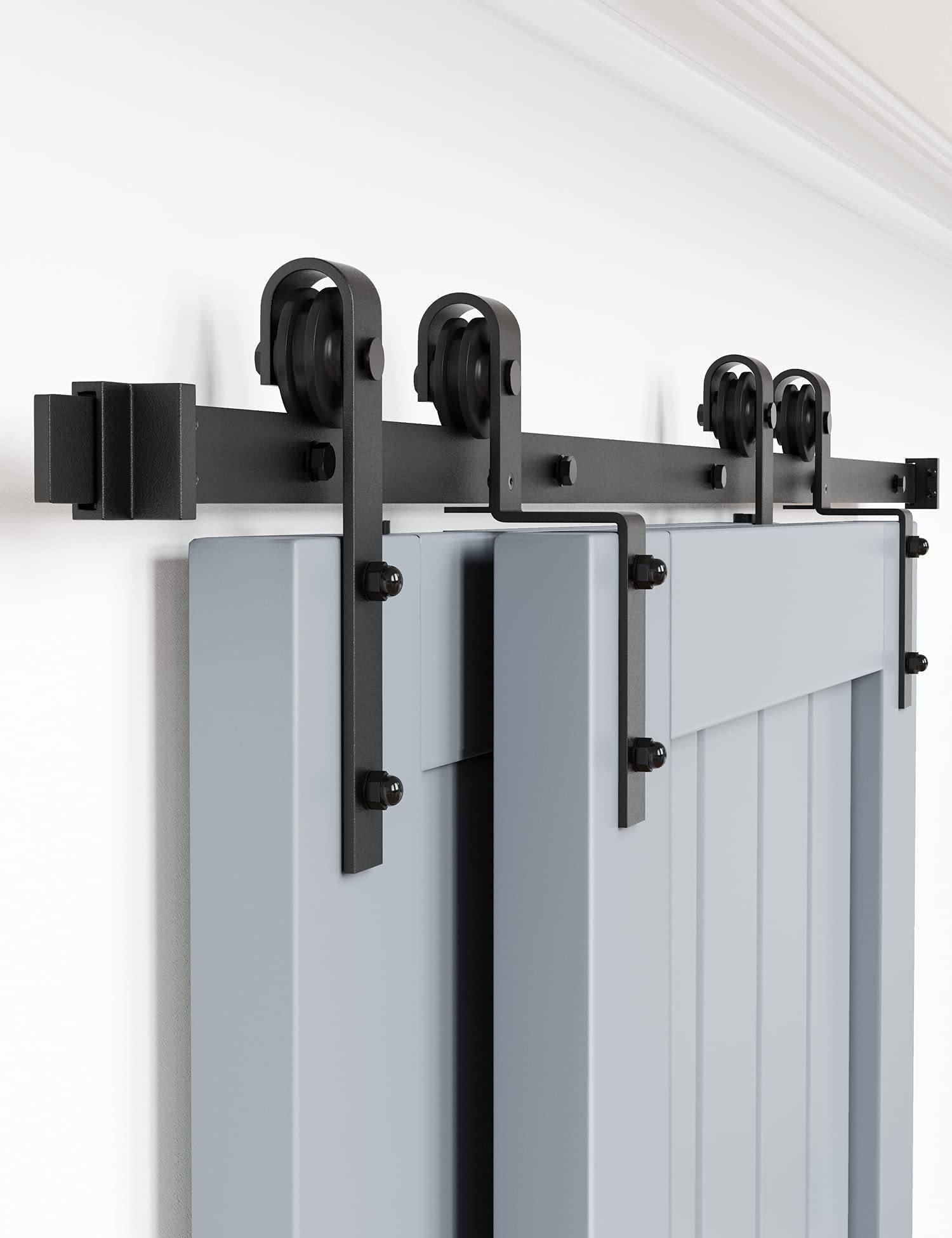 WINSOON 6.6FT Single Track Bypass Barn Door Hardware Double Doors Kit with 2PCS 12 Inch Sliding Barn Door Handles Black Hardware
