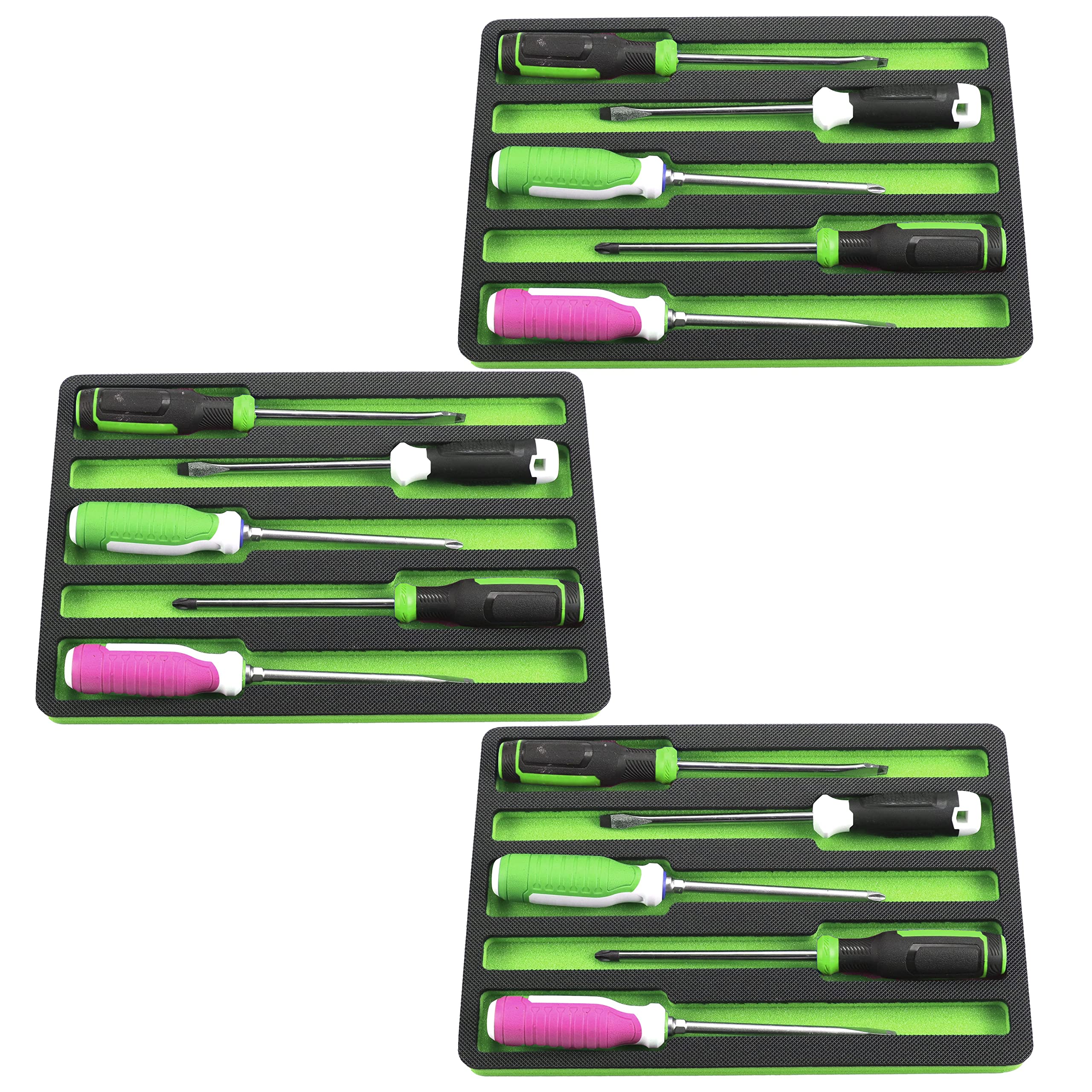 Polar Whale Tool Drawer Organizer 3-Piece Screwdriver Insert Set Green and Black Durable Foam Holds Many Tools 15 x 10 Inch Trays Fits Craftsman Husky Kobalt Milwaukee Many Others