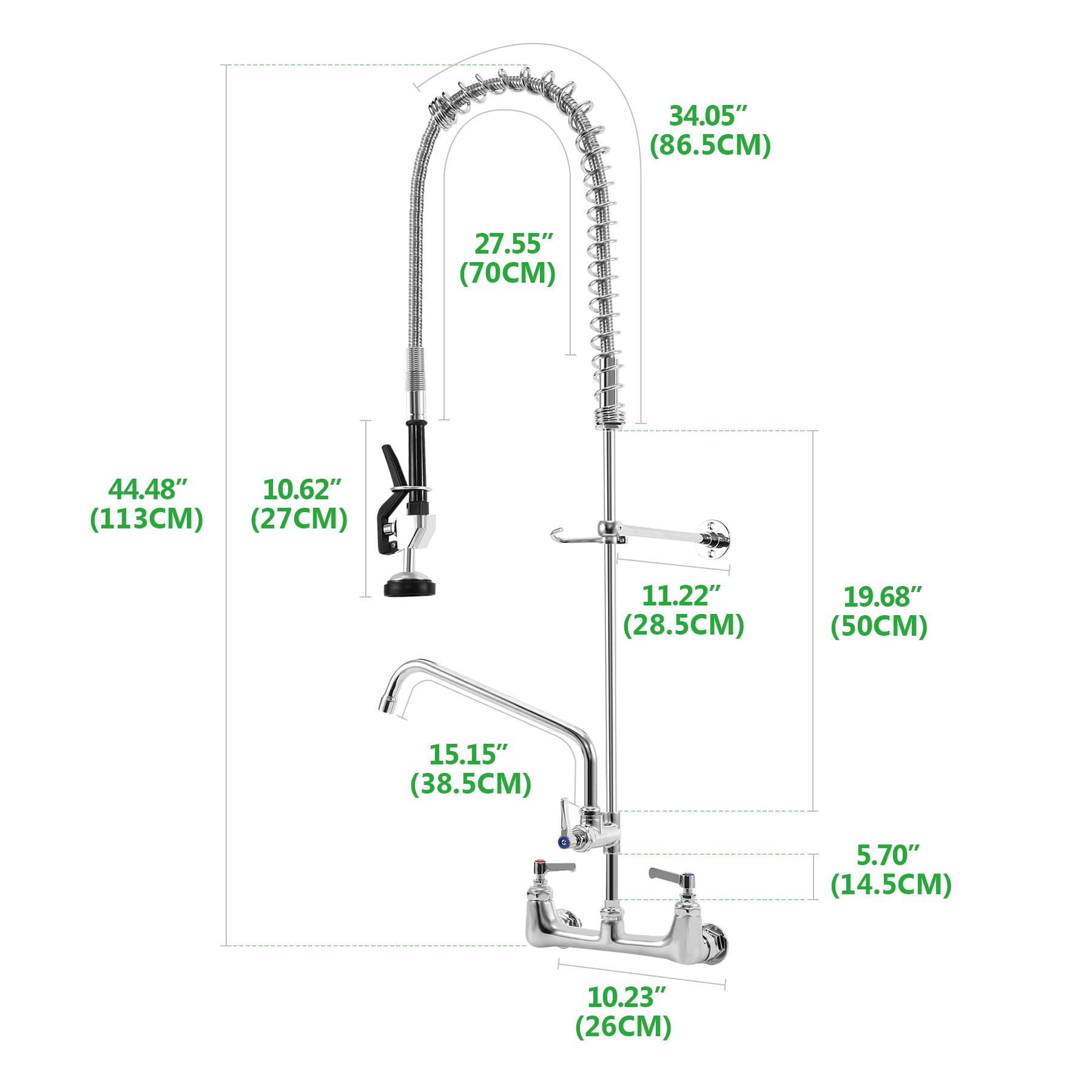 Youwise Commercial Pre-Rinse Faucet with Sprayer 8" Center 47" Height Wall Mounted Kitchen Sink with Pull Down Sprayer and 12" Add-on Spout for Home Restaurant Industrial Black