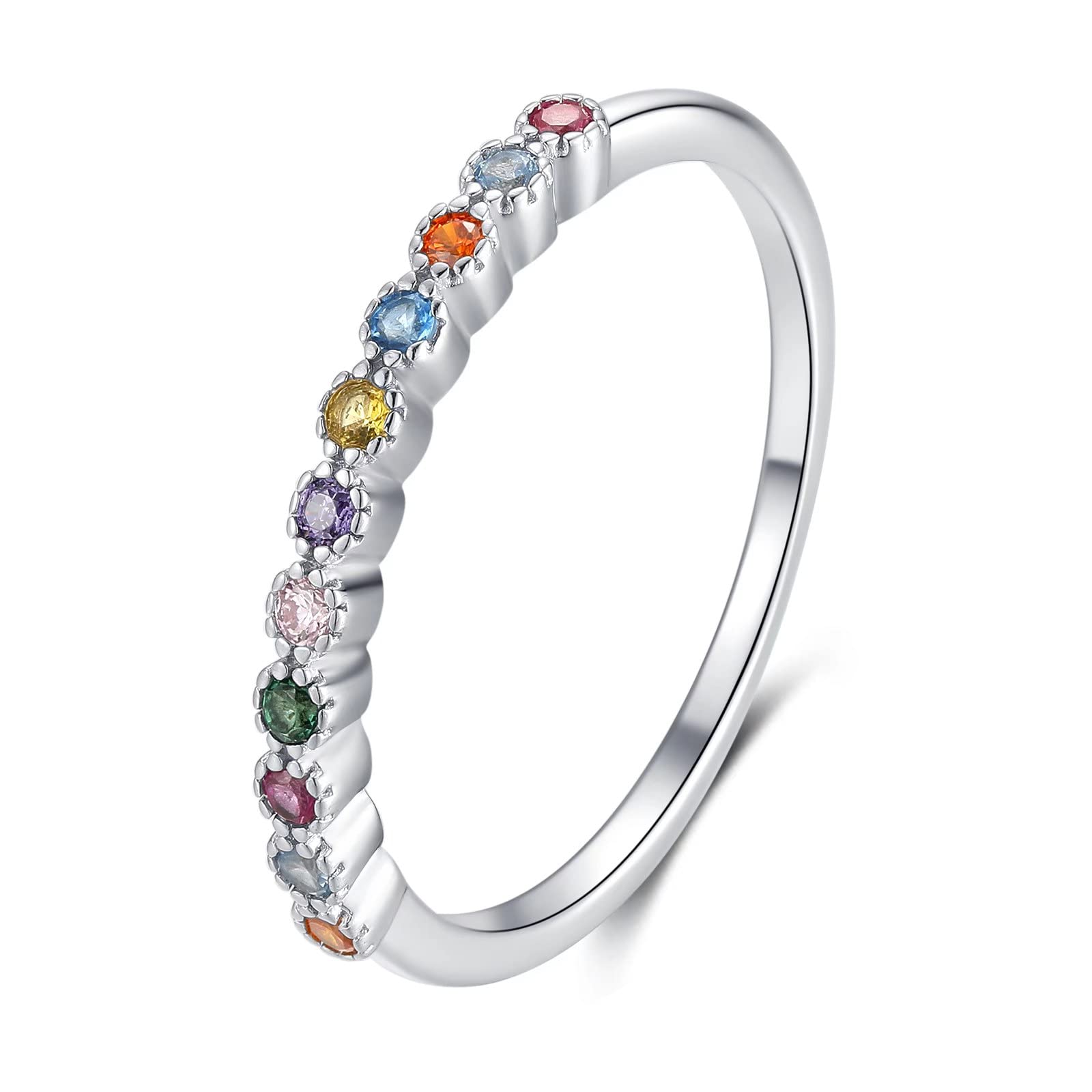 Qings Fashion Colorful Stackable Finger Ring 925 Sterling Silver with Cubic Zirconia Gift for Women Girls