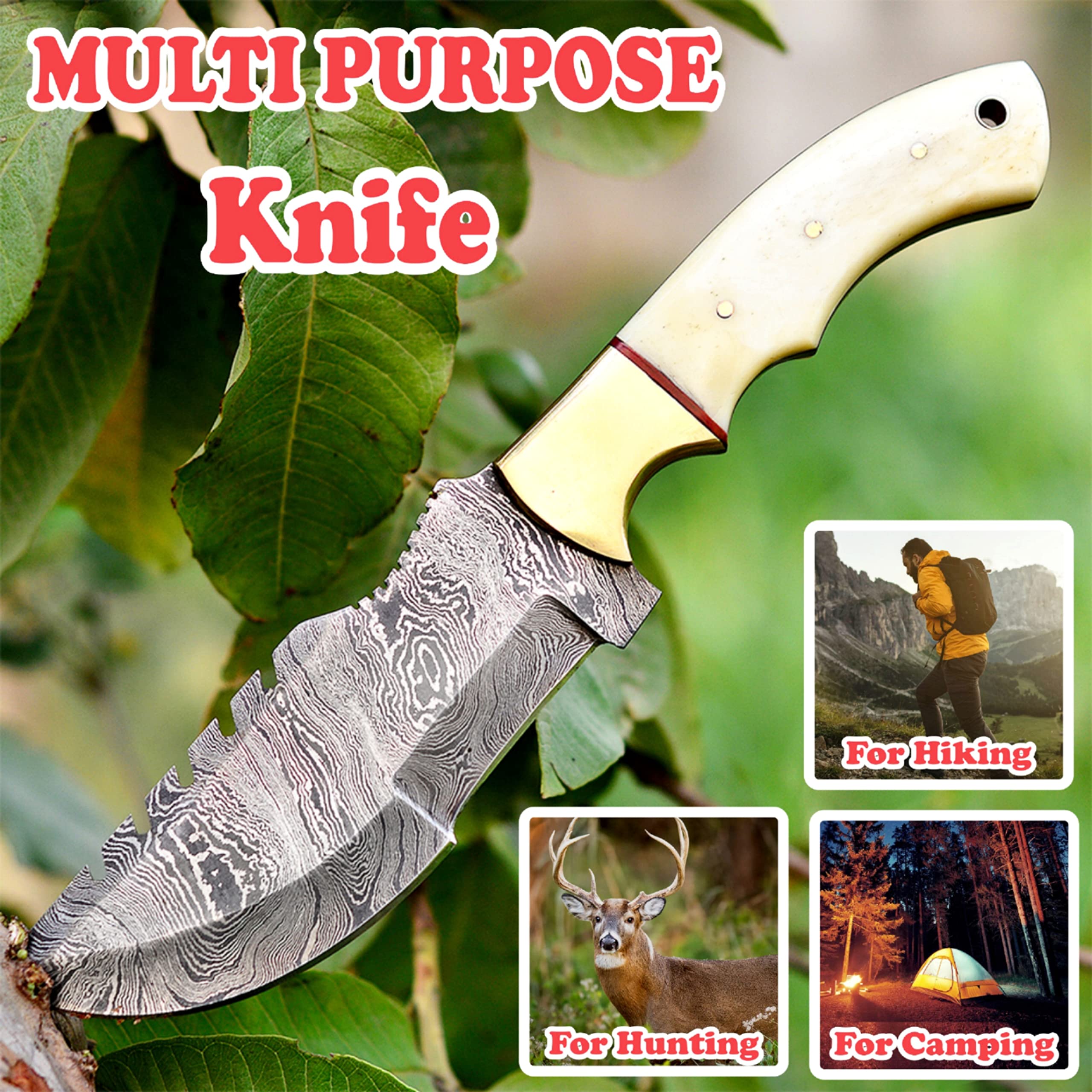 Tracker Knife with Sheath, Damascus Steel Hunting Knife with Bone Handle, Fixed Blade Bushcraft Survival Knife, Horizontal Carry Knife