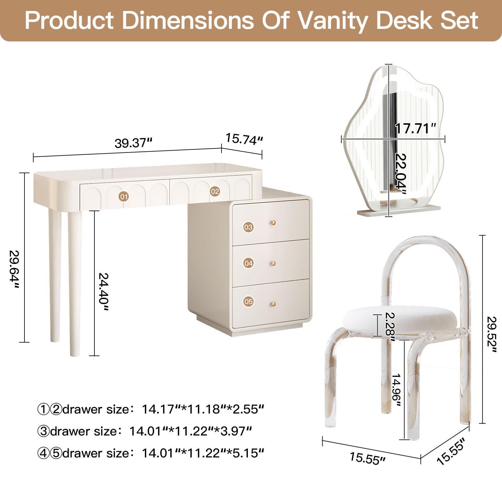 Miuuod Makeup Vanity Desk & Chair & Lighted Mirror,Modern Cosmetics Table with Storage Carbinet and Drawers Adjustable Direction Makeup Table Dressing Table for Women Girls Vanities for Bedroom White