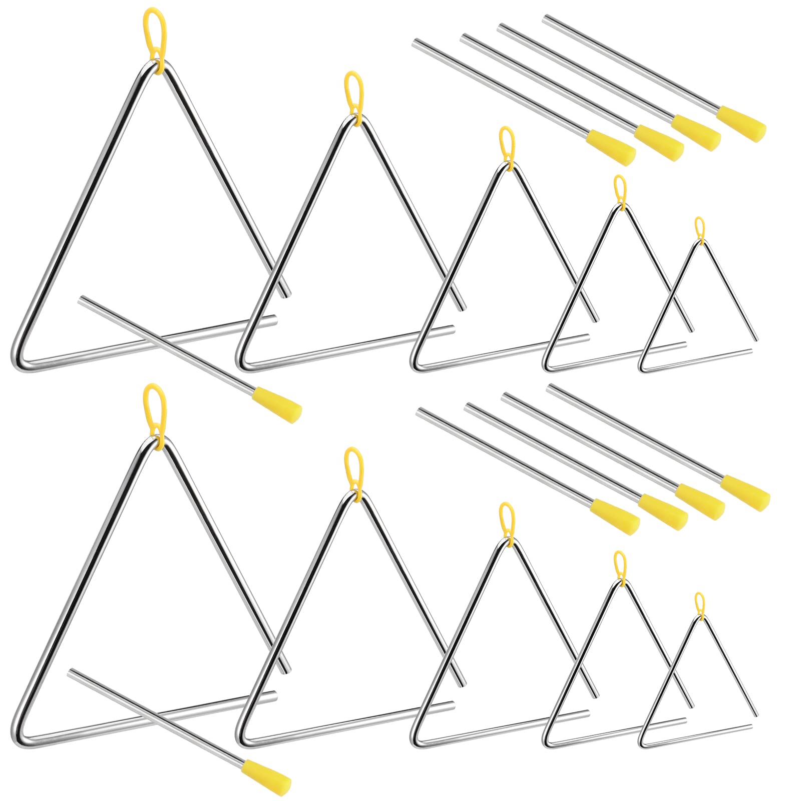 SINJEUN 10 Pack Musical Steel Triangle, 4, 5, 6, 7, 8 Inches Triangle Musical Instrument with Striker and Finger Holder, Triangle Hand Percussion Instrument for Music Learning and Teaching