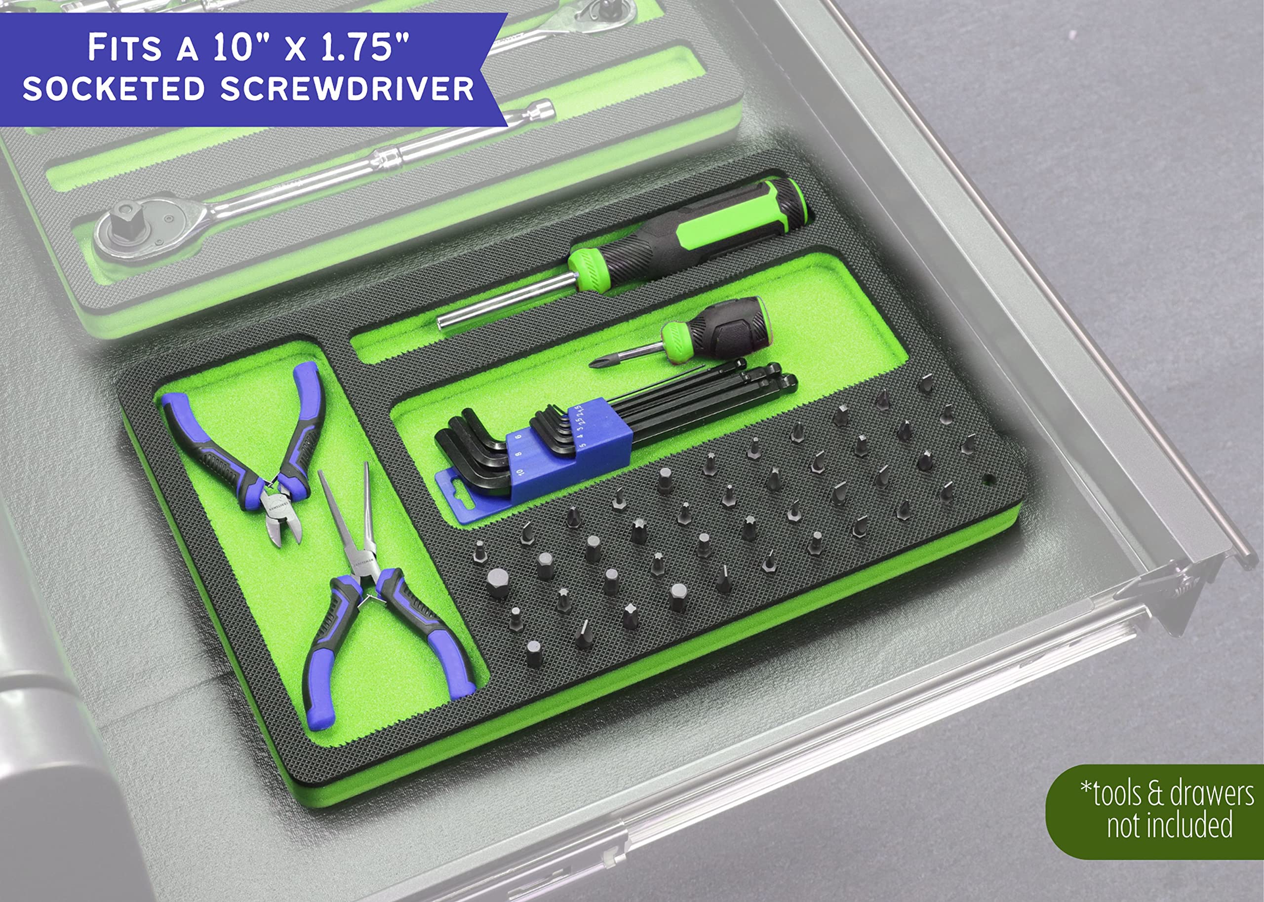 Polar Whale Tool Drawer Organizer Socketed Screwdriver Holder Insert Blue Black Durable Foam Tray 15 x 10 Inches Holds Drivers Up To 10 Inch Holds 44 Bits Fits Craftsman Husky Kobalt Milwaukee Others