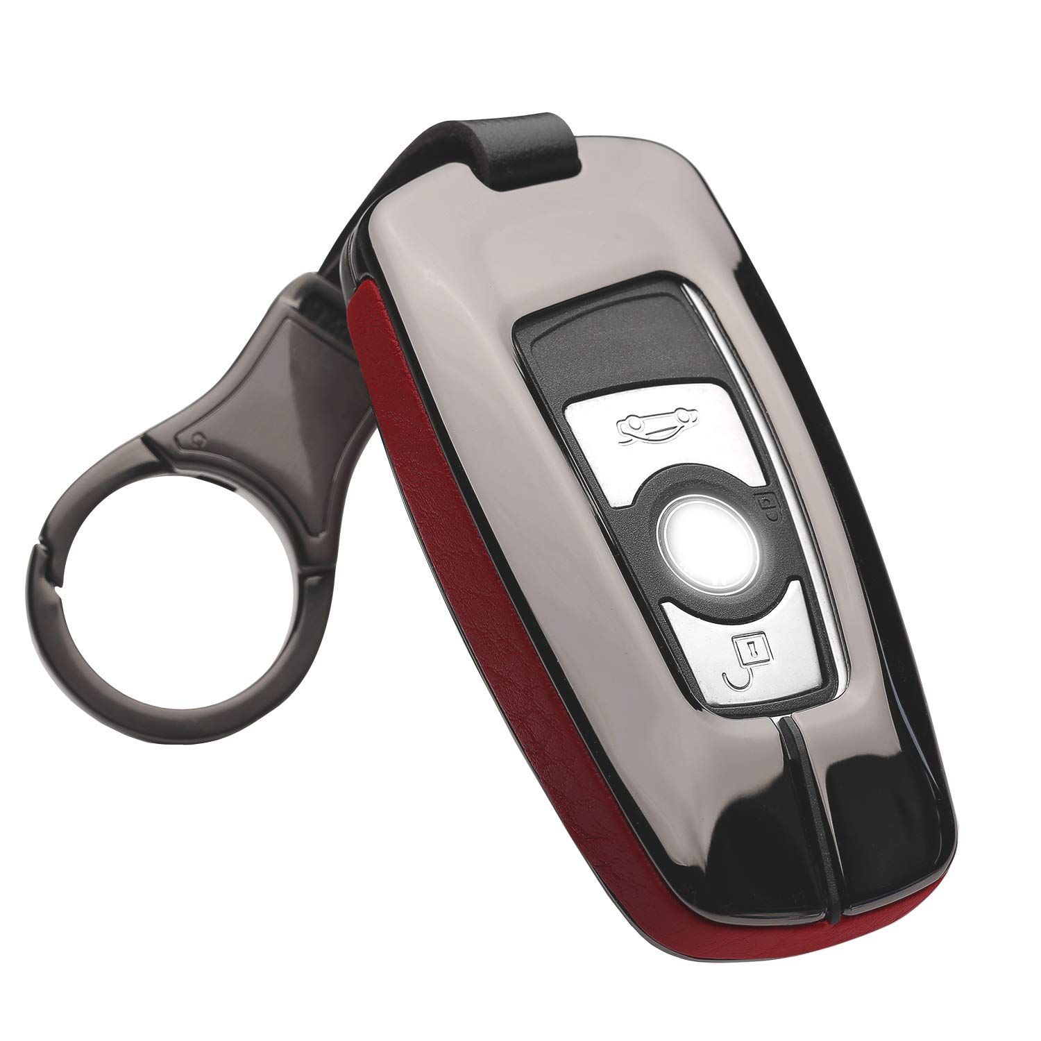 ontto for BMW Key fob Cover with Keychain Metal Zinc Alloy Keycase Leather Key Skin Fit for BMW 1 3 4 5 6 Series Red(1keycover&1keychain)