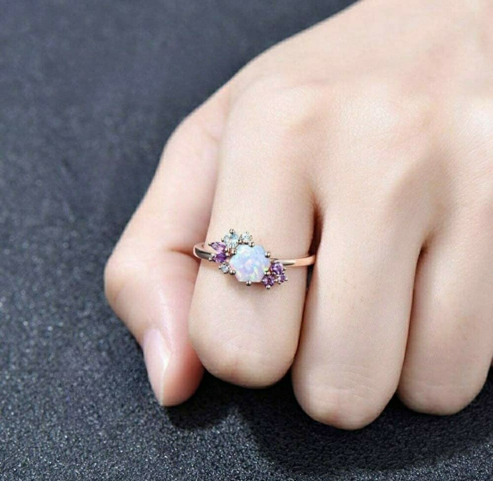 Vintage amethyst opal engagement ring Hexagon cut opal ring 14k white gold ring cluster topaz ring women art deco unique bridal ring gift (WHITE GOLD, 5)