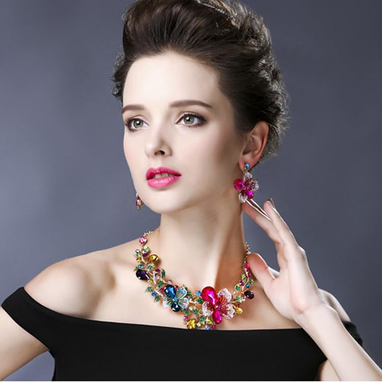 Orikycely Sunvy Noble Diamond Crystal Flower Chain Choker Collar Necklace Earrings Set