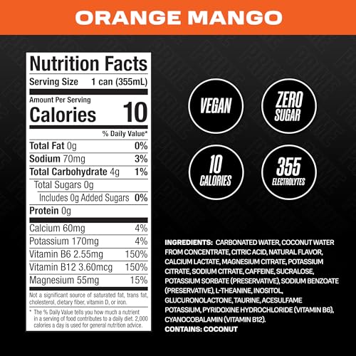 PRIME Energy ORANGE MANGO | Zero Sugar Energy Drink | Preworkout Energy | 200mg Caffeine with 355mg of Electrolytes and Coconut Water for Hydration| Vegan | Gluten Free |12 Fluid Ounce | 24 Pack