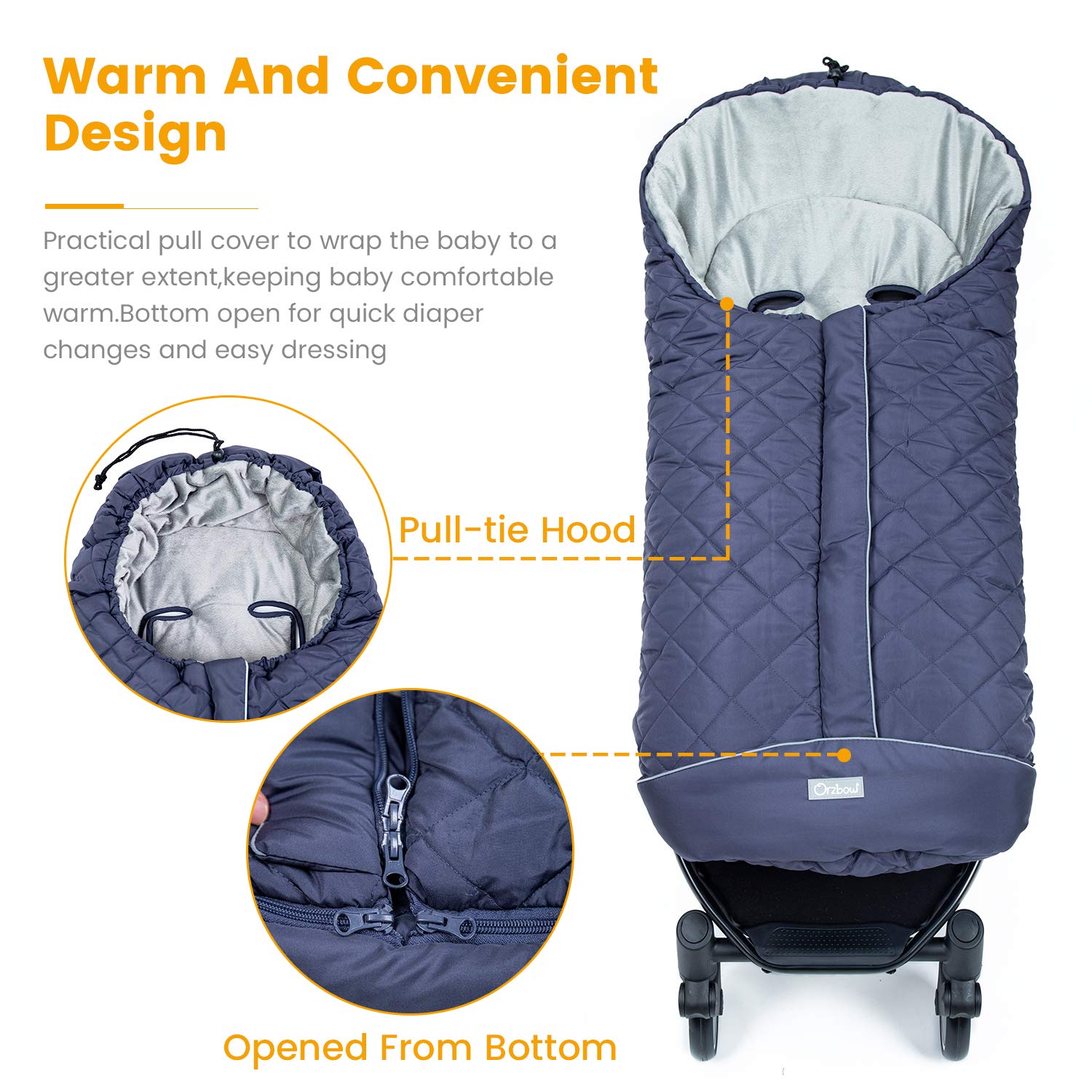 Orzbow Warm Bunting Bag Universal,Stroller Sleeping Bag Cold Weather,Waterproof Toddler Footmuff (Navy Blue)